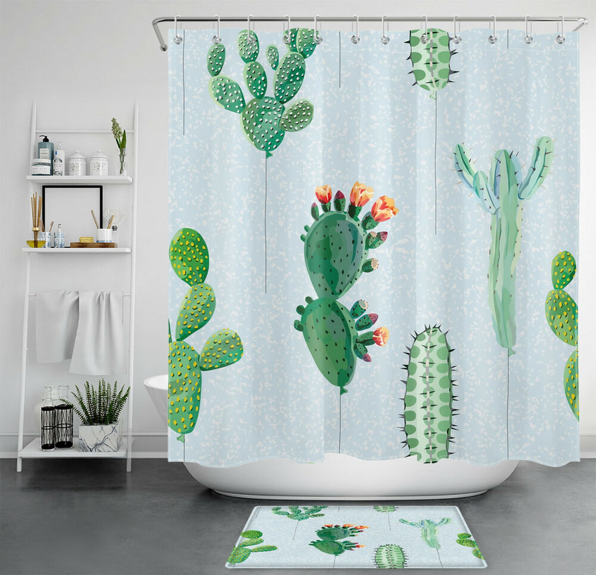 Refreshing Tropical Cactus Shower Curtain Set With Vibrant Green