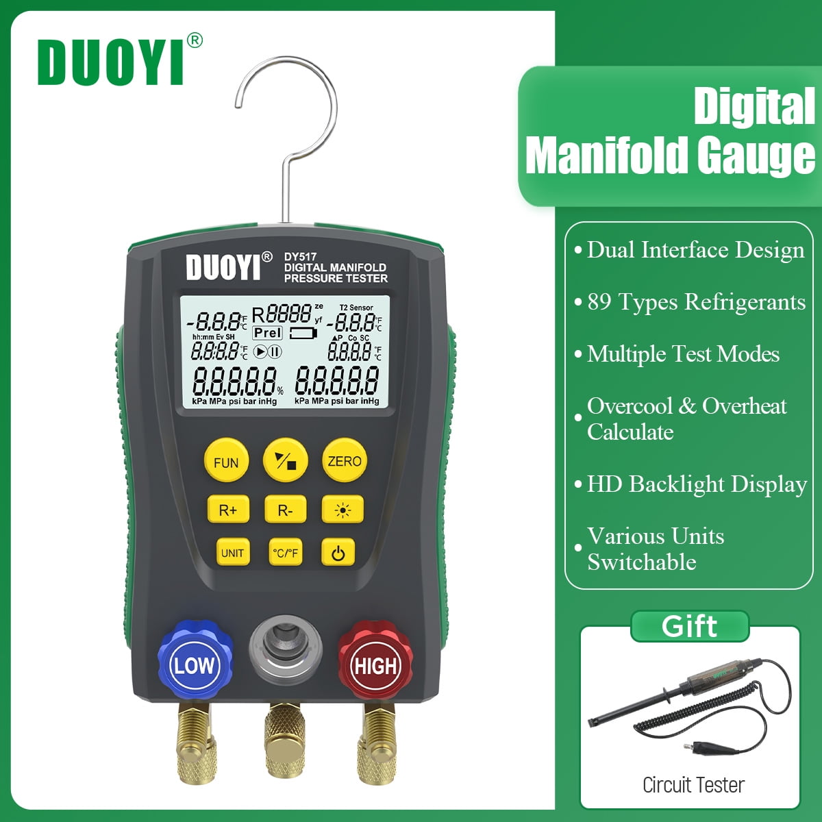 Refrigeration Digital Manifold Gauge HVAC Vacuum Pressure Temperature ...