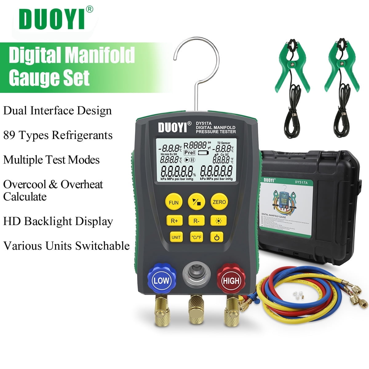 Refrigeration Digital Manifold Gauge Kit HVAC Vacuum Pressure ...