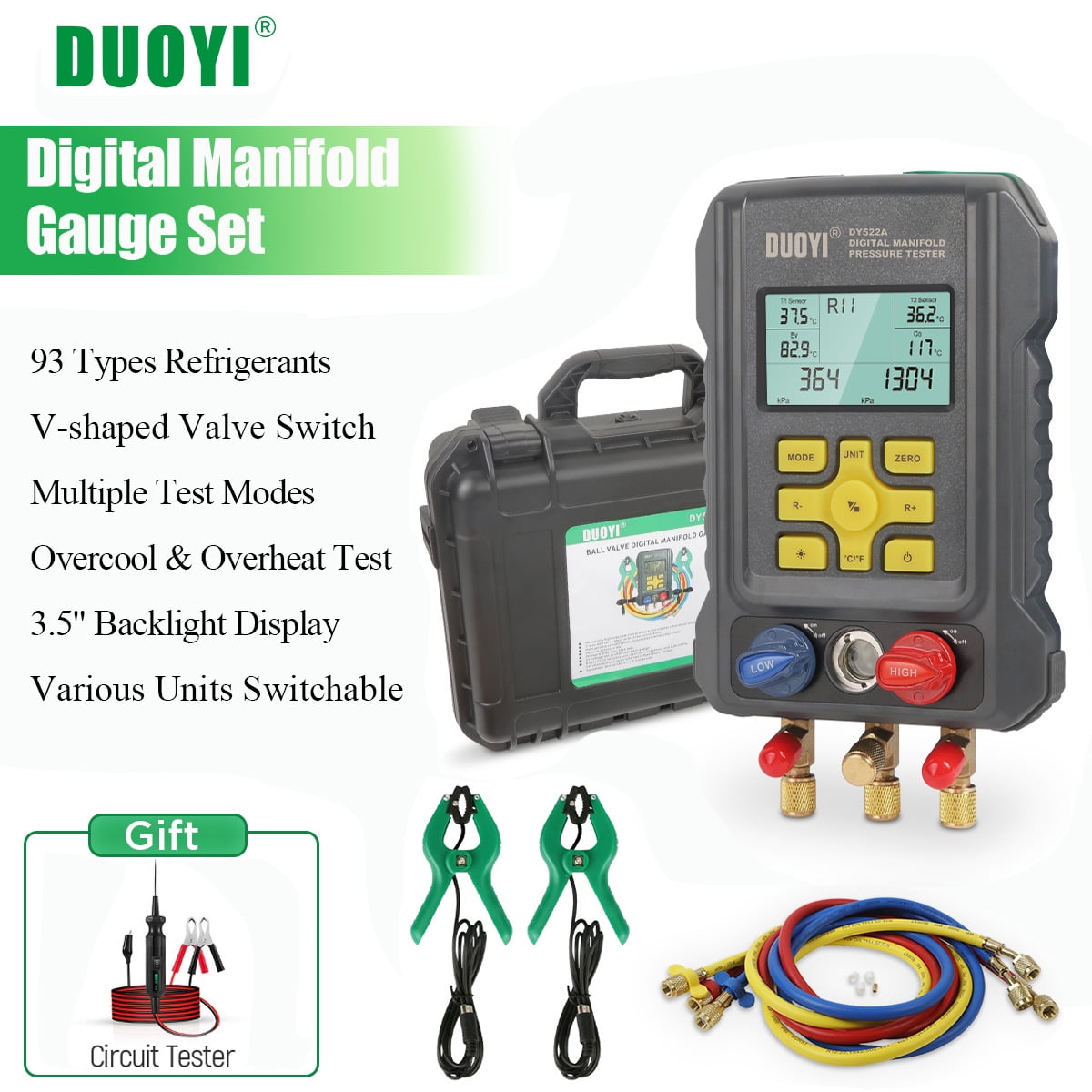 Refrigeration Digital Pressure Gauge Kit HVAC Manifold Gauges Air ...