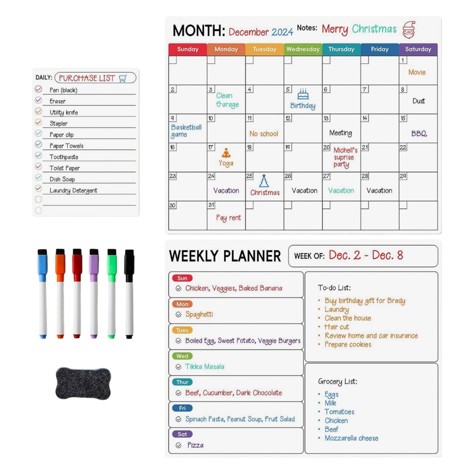 Refrigerator Calendar Set 3 Piece Whiteboard Planner for Household ...