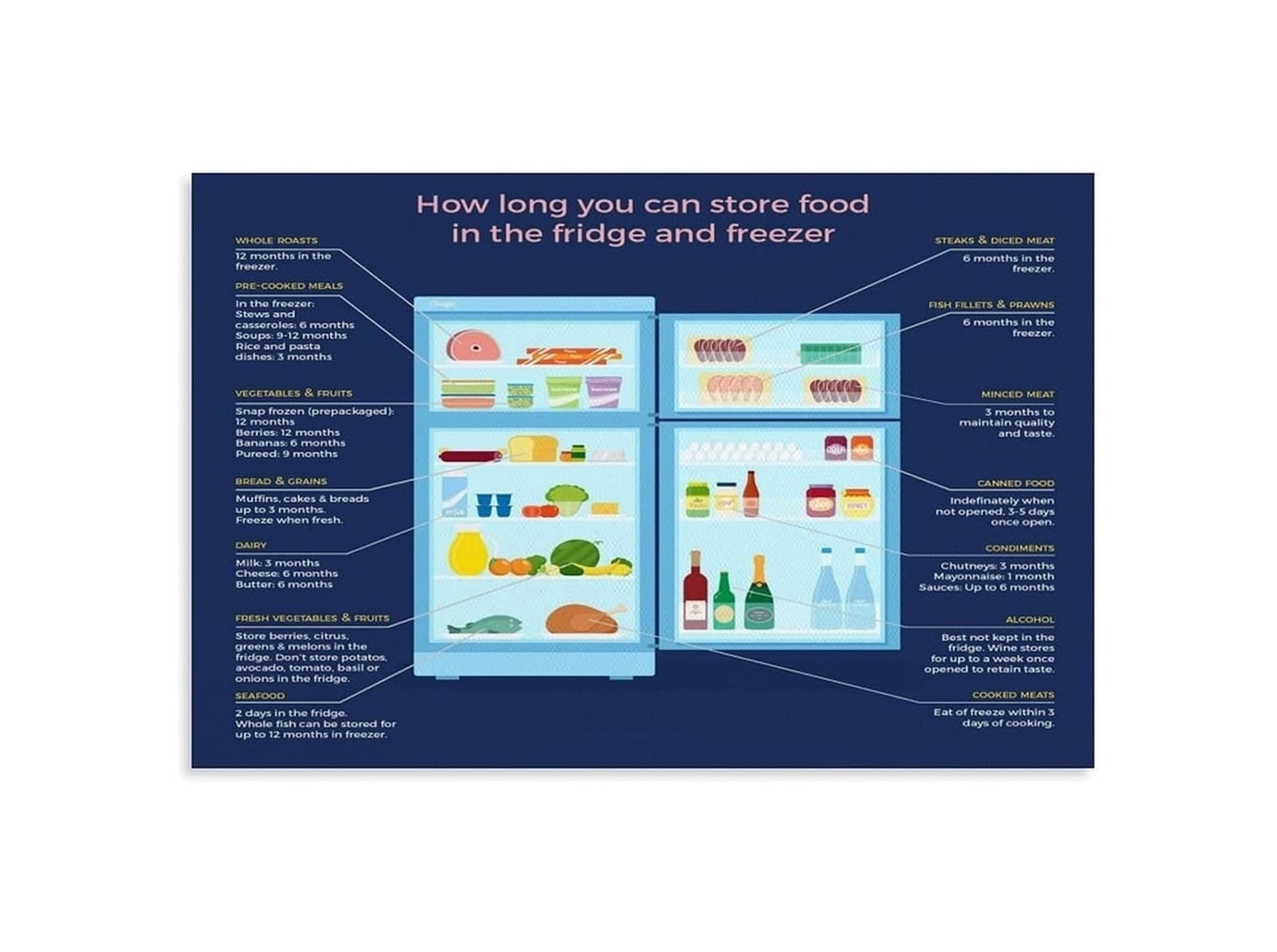 Refrigerator Freezer Shelf Life Guide Poster Food Storage Duration ...