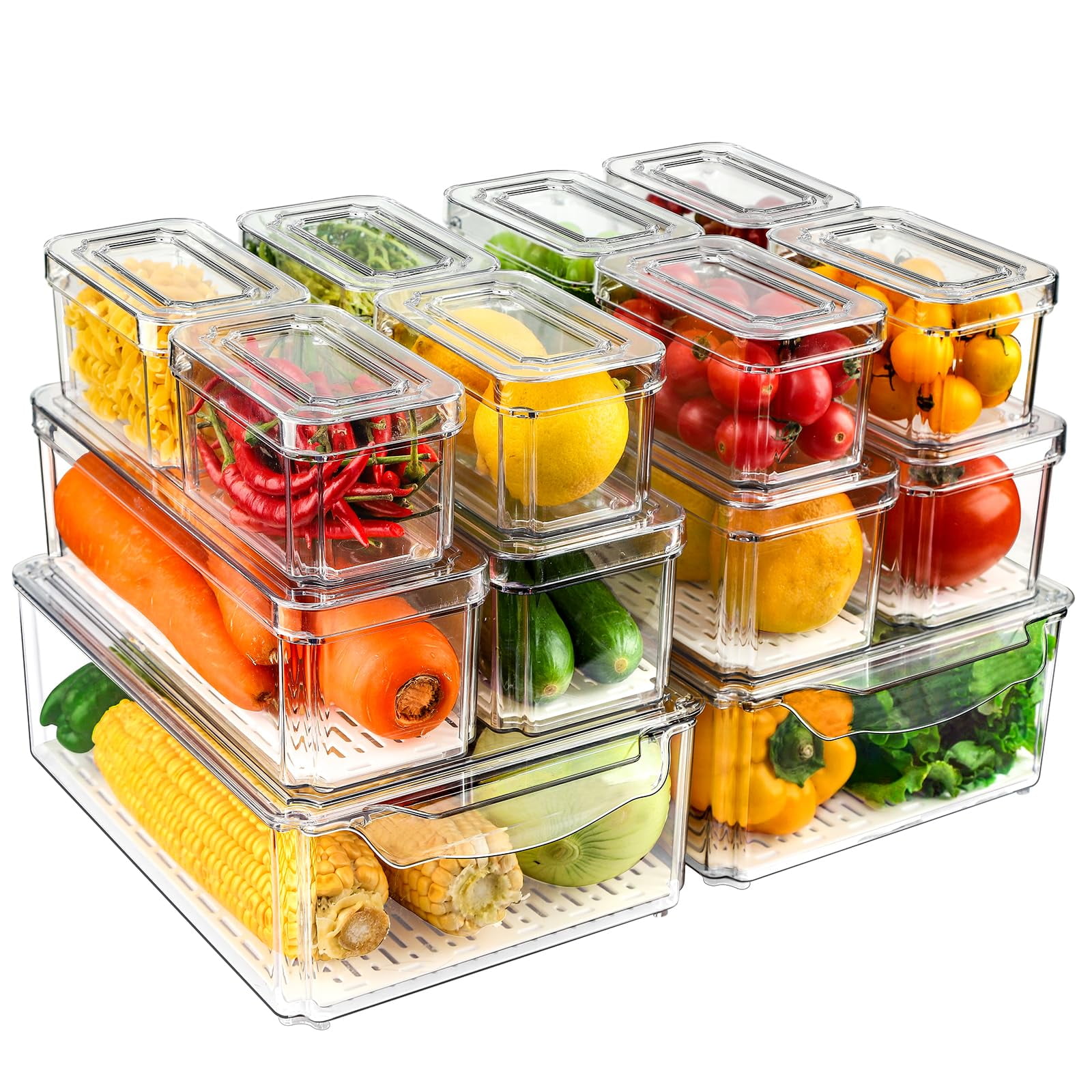 Refrigerator Organizer Set of 14, Clear Food Storage Bins with Lids for ...