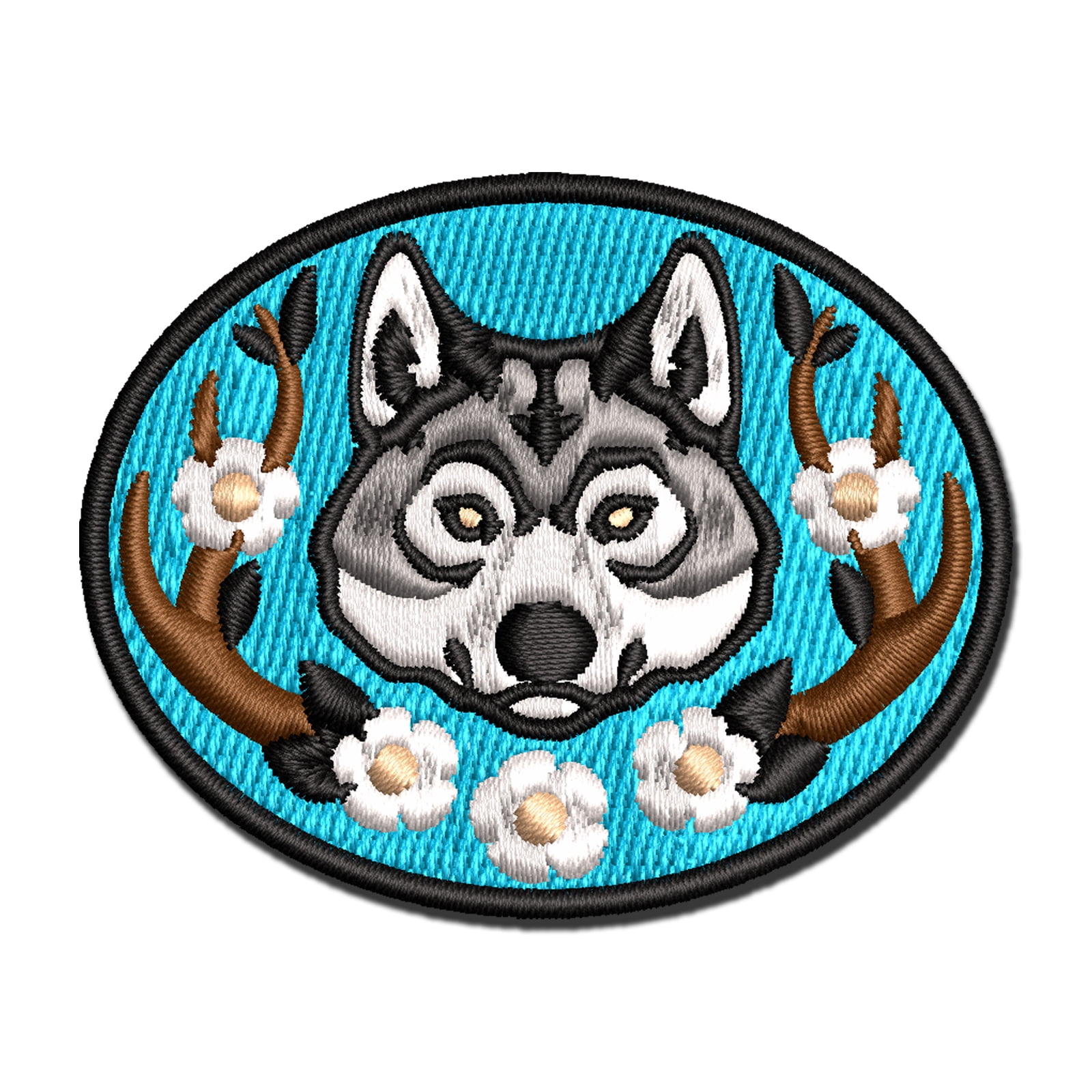 Regal Floral Wreath Wolf Wolves Head with Flower Antlers Applique Multi ...