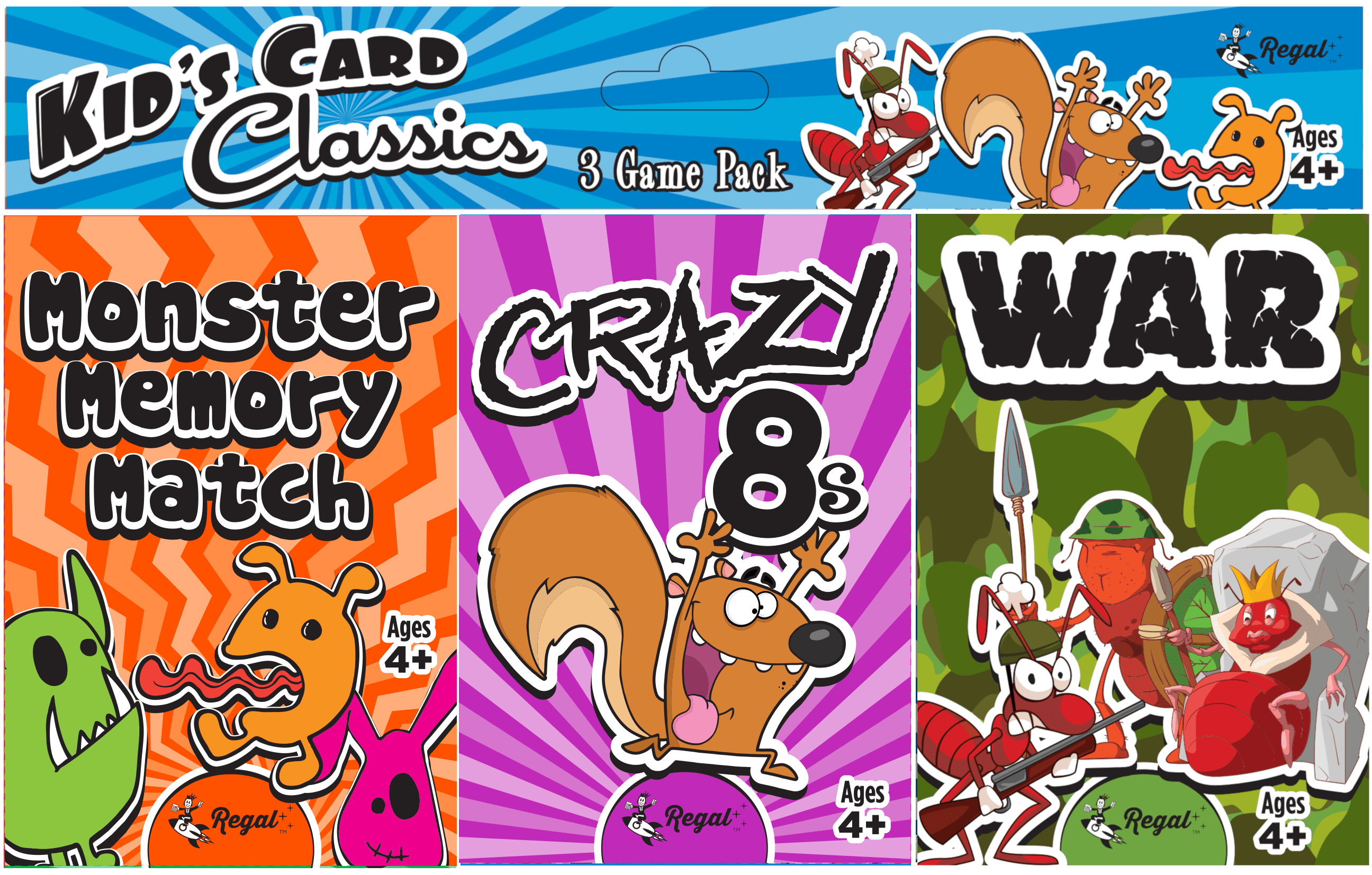 Regal Games, Classic Card Games, 3 Game Set, Crazy 8s - War - Monster ...