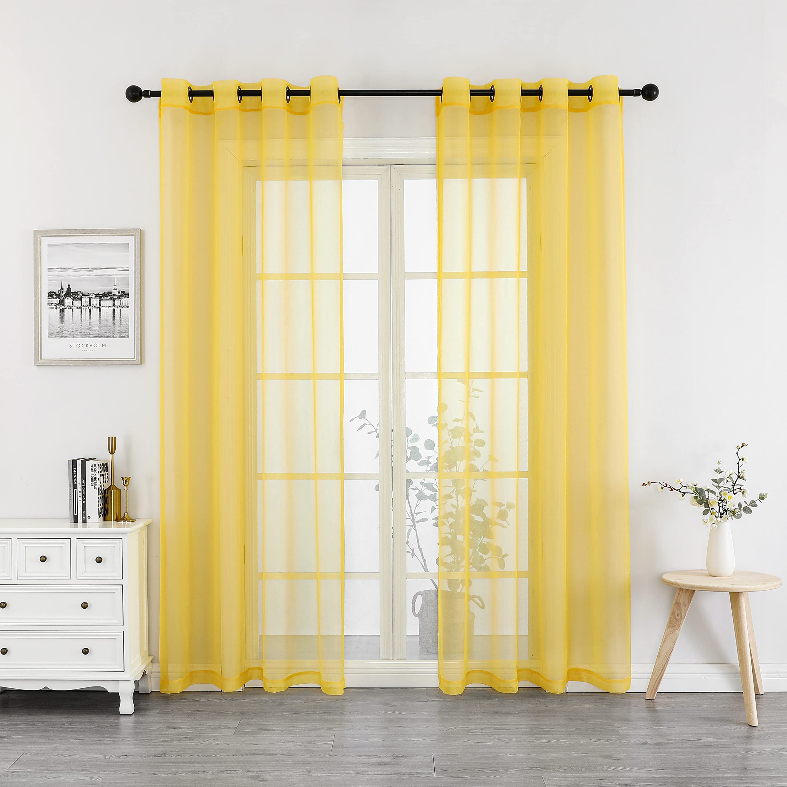 3 Piece Bright YELLOW Sheer Voile Curtain Panel Set: 2 Yellow Panels ...