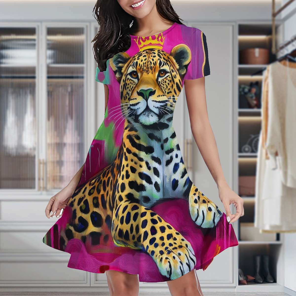 Regal Leopard Vibrant Throne Art Women's Classic Swing Skater Dress ...