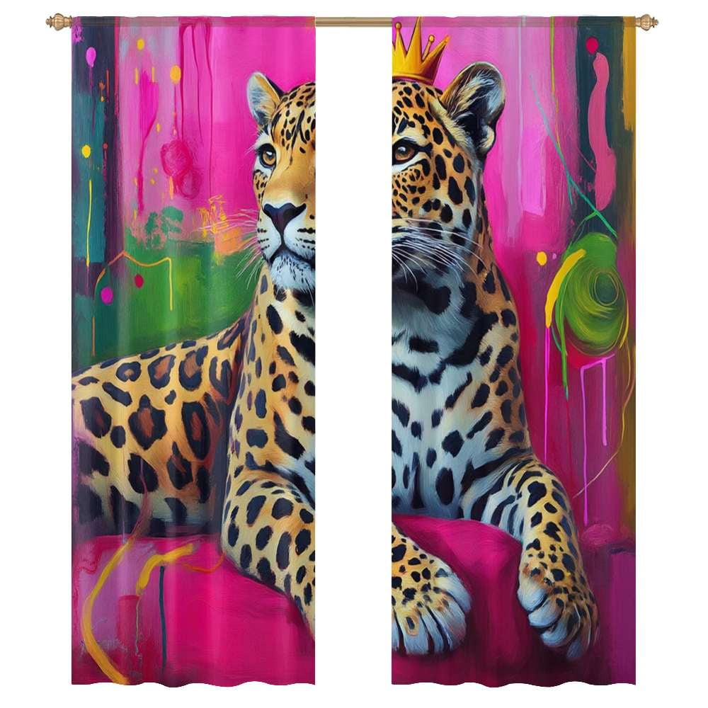 Regal Leopard Wears Golden Crown Sheer Window Curtains for Living Room ...