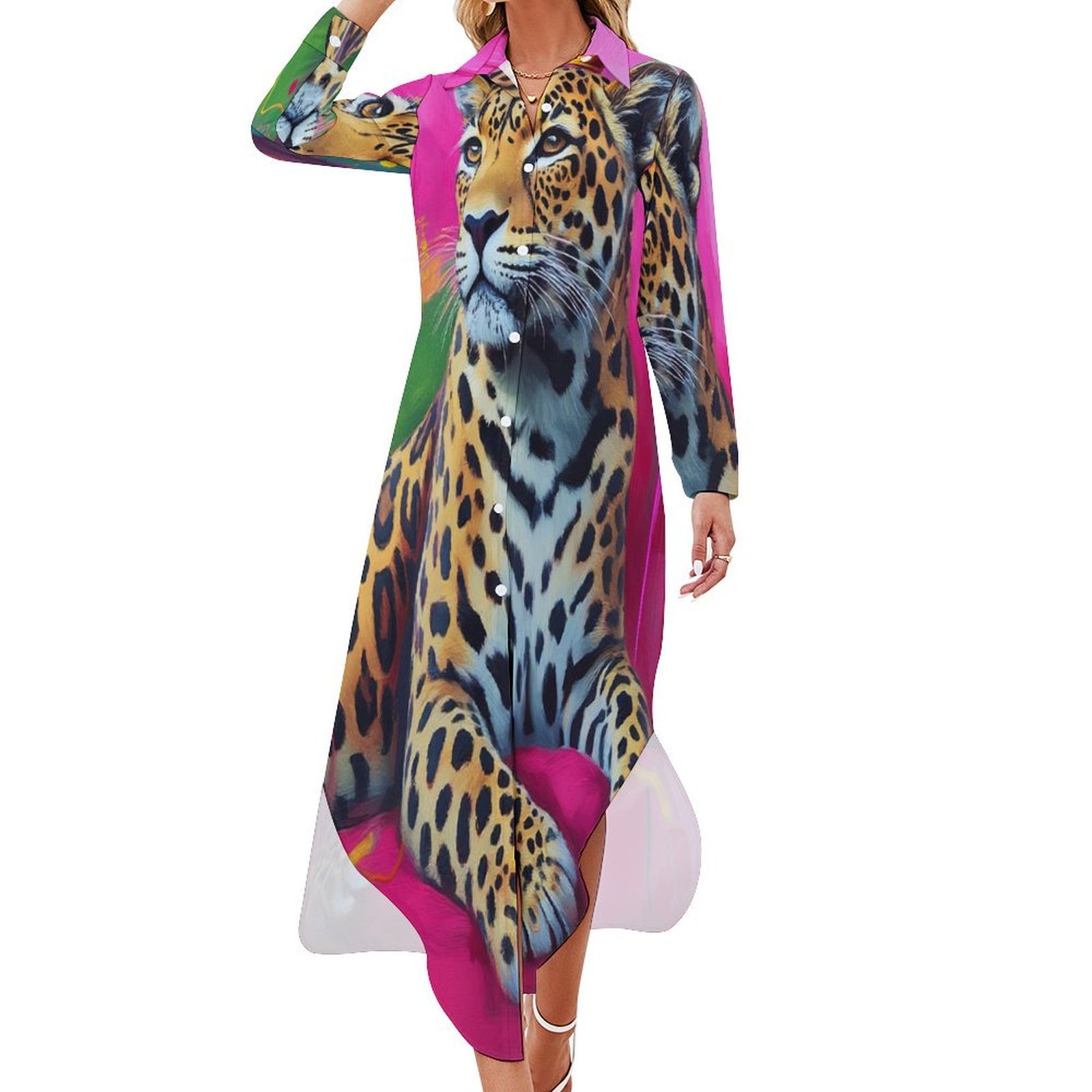 Regal Leopard Wears Golden Crown Shirt Dress Long Sleeve Street Fashion ...