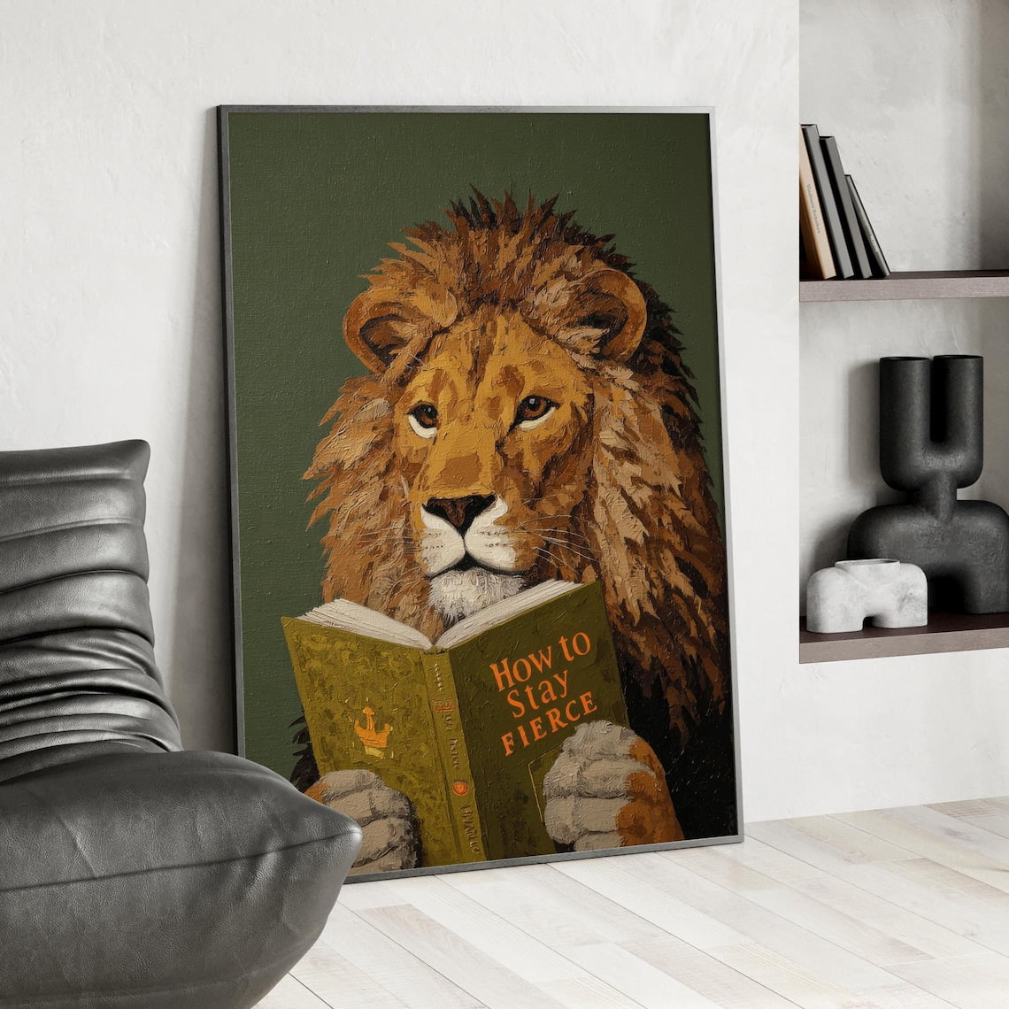 Regal Lion Reading Book Wall Art Whimsical Library Decor, Unframed ...