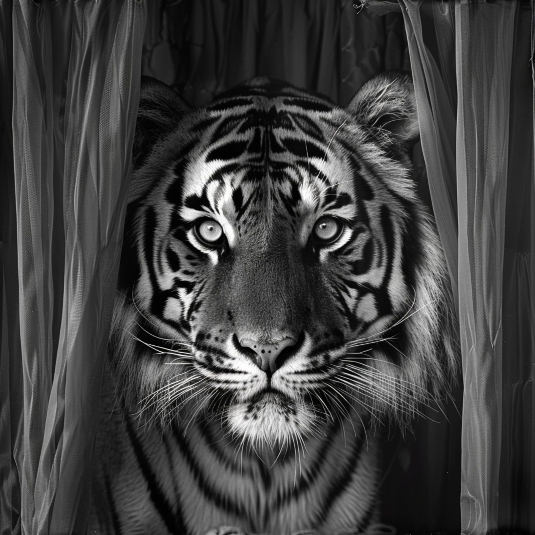 Regal Tiger Portrait in Monochrome Against Curtain Majestic feline in ...