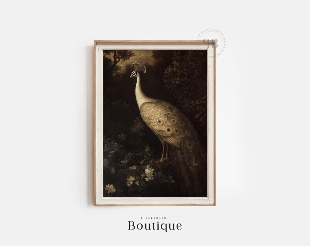Regal White Peacock Painting, Moody Print, Rustic French Country Wall ...