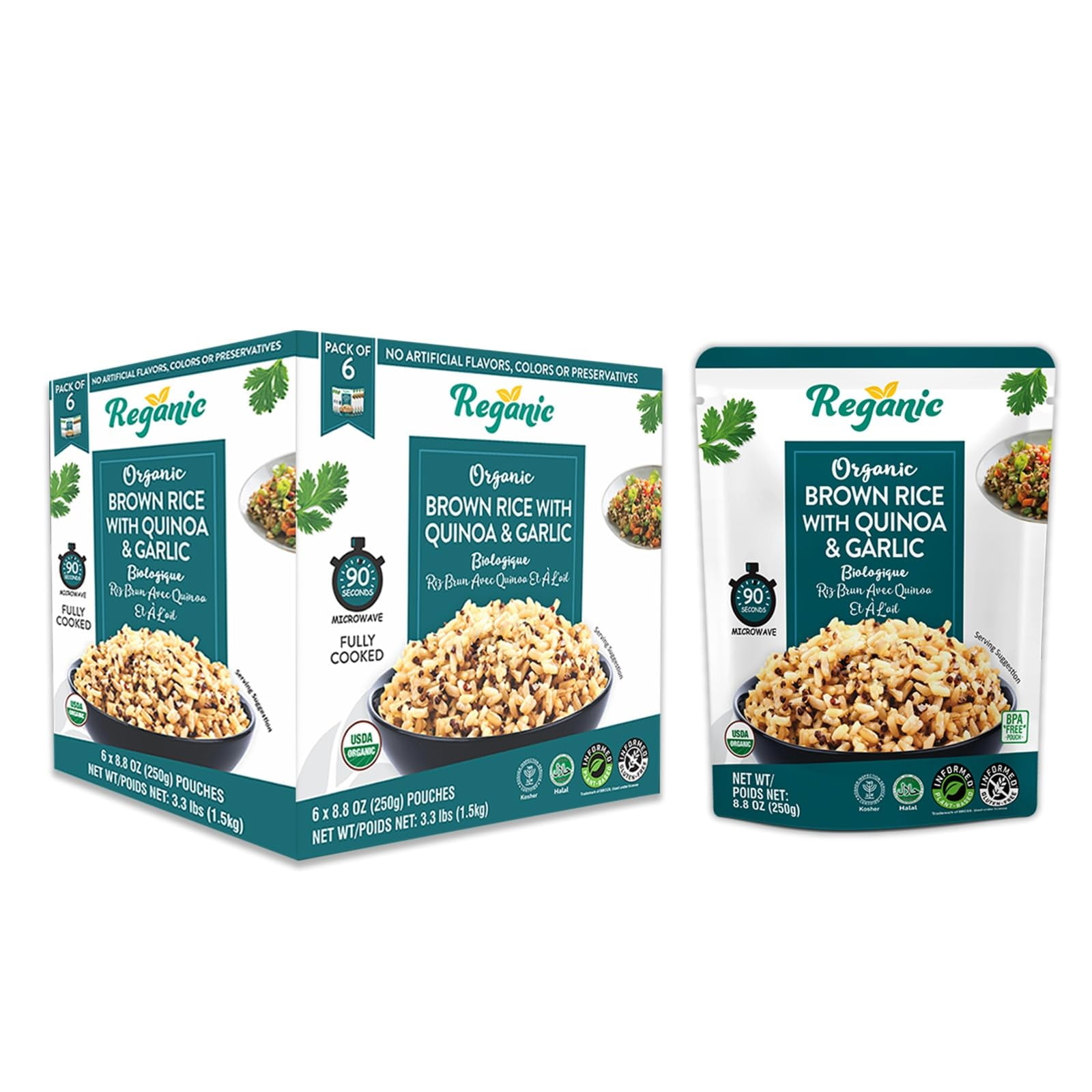 Reganic Organic Brown Rice with Quinoa & Garlic, Ready to Eat ...