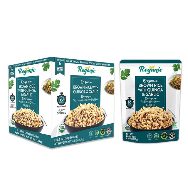 Reganic Organic Brown Rice with Quinoa & Garlic, Ready to Eat ...