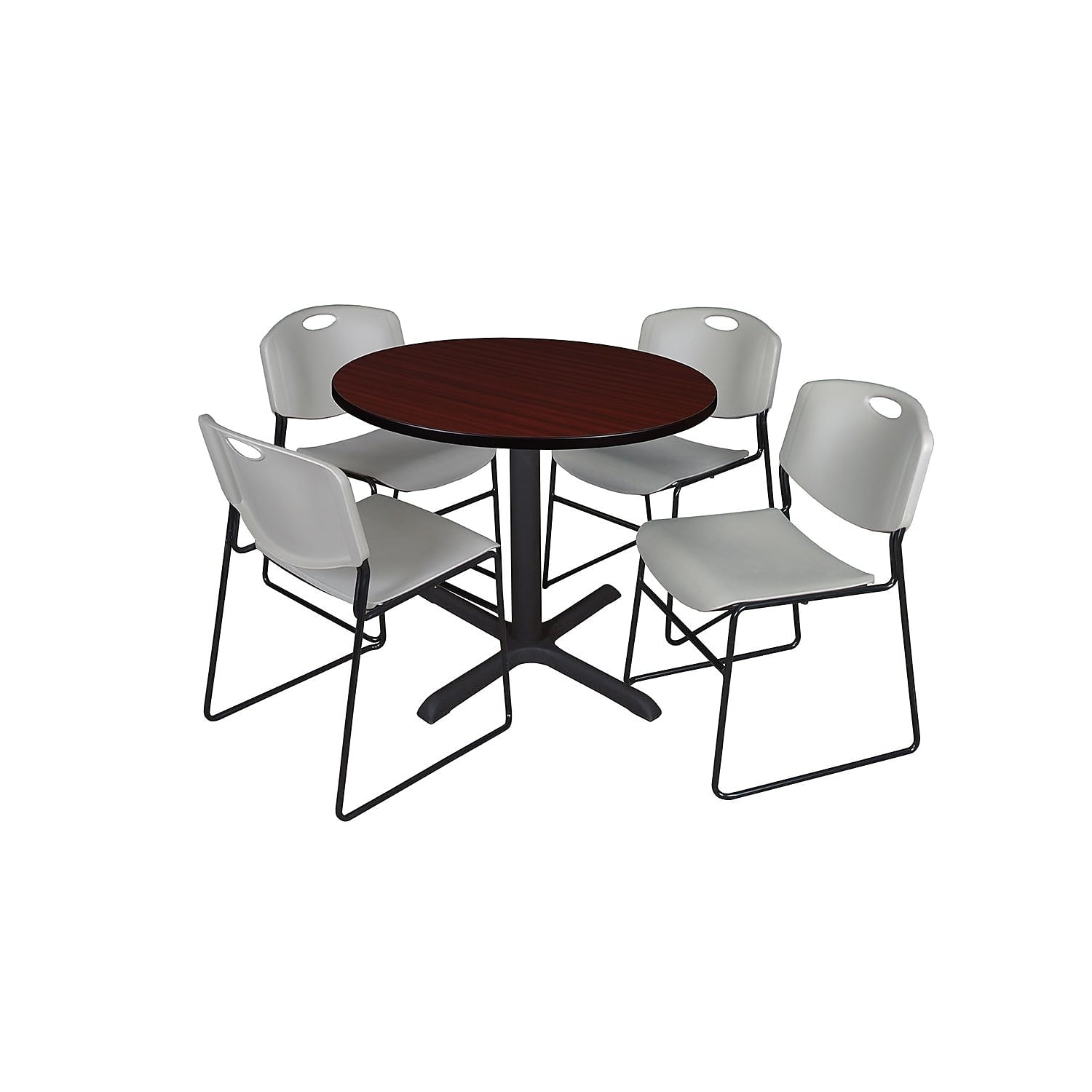 Regency Cain 42 in. Round X-Base Breakroom Table- Mahogany & 4 Zeng Stack Chairs- Grey - Walmart.com
