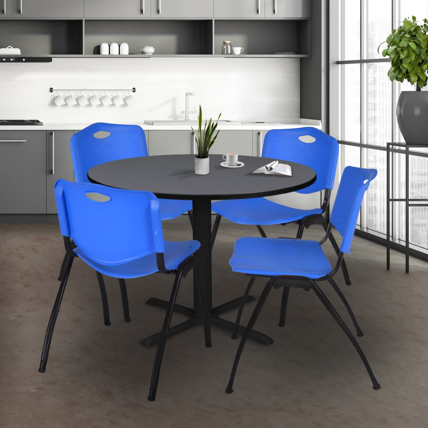 Regency Cain 48" Round Breakroom Table- Grey & 4 'M' Stack Chairs- Blue ...