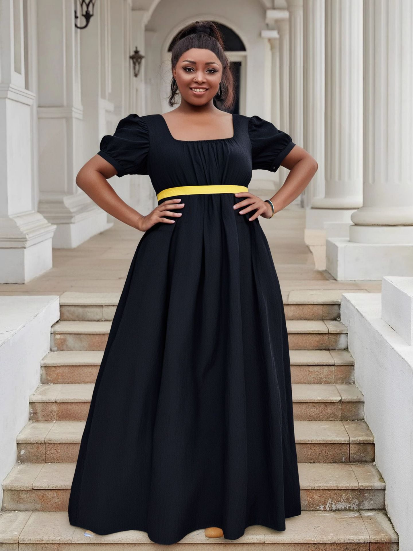 Regency Dresses for Women with Satin Sash Ruffled Puff Sleeve Empire ...