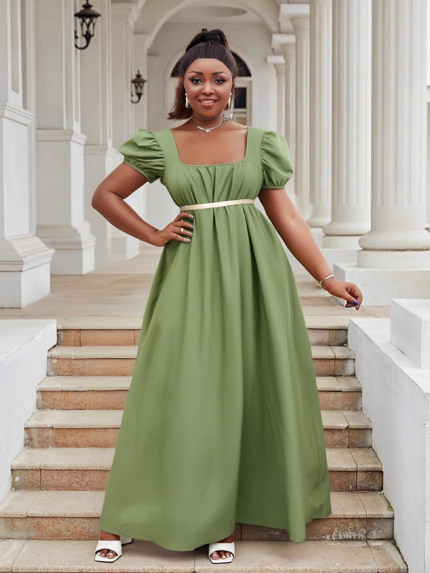 Regency Dresses for Women with Satin Sash Ruffled Puff Sleeve Empire ...