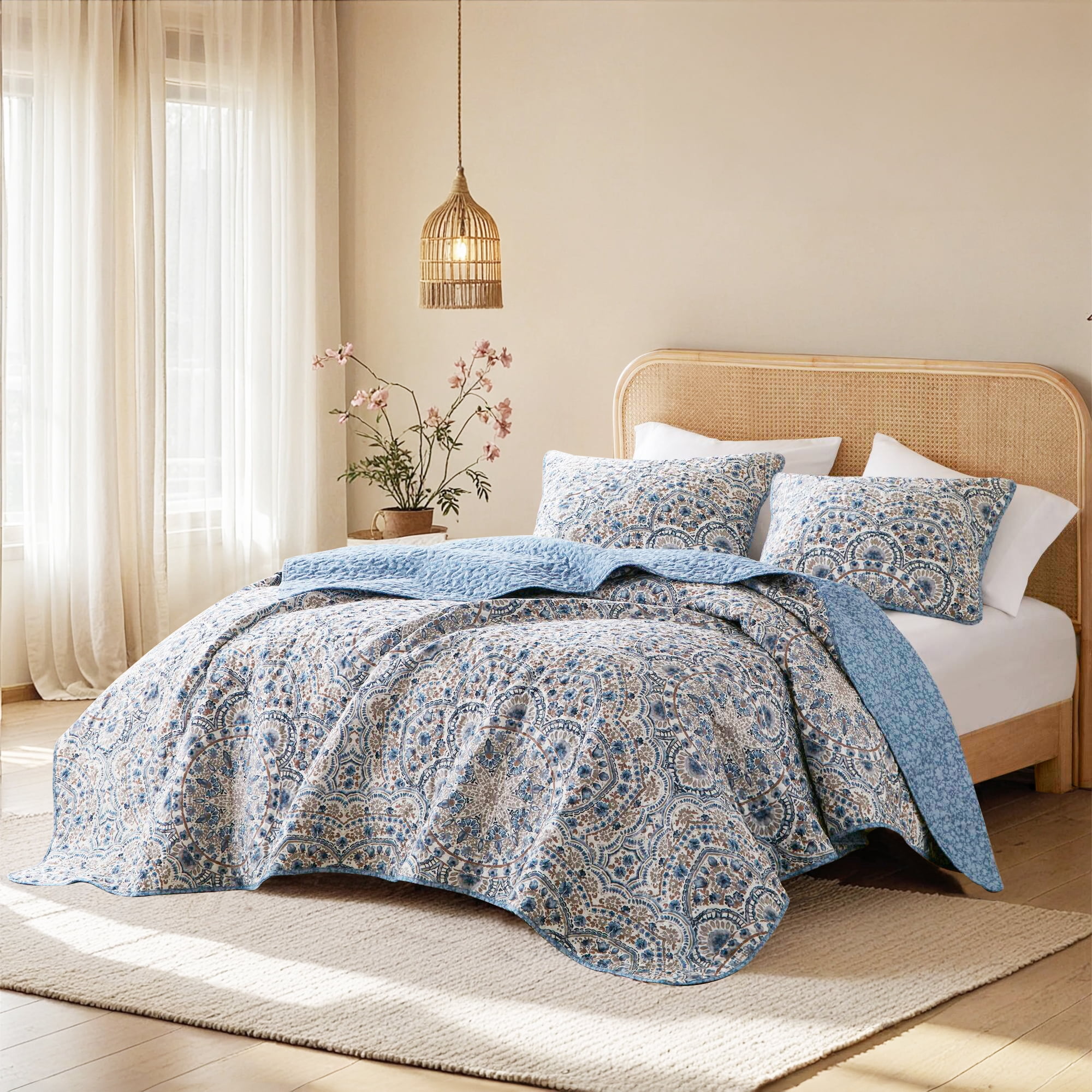 Regency Heights 3-Piece Full/Queen Size Floral Boho Quilt Set, Blue ...