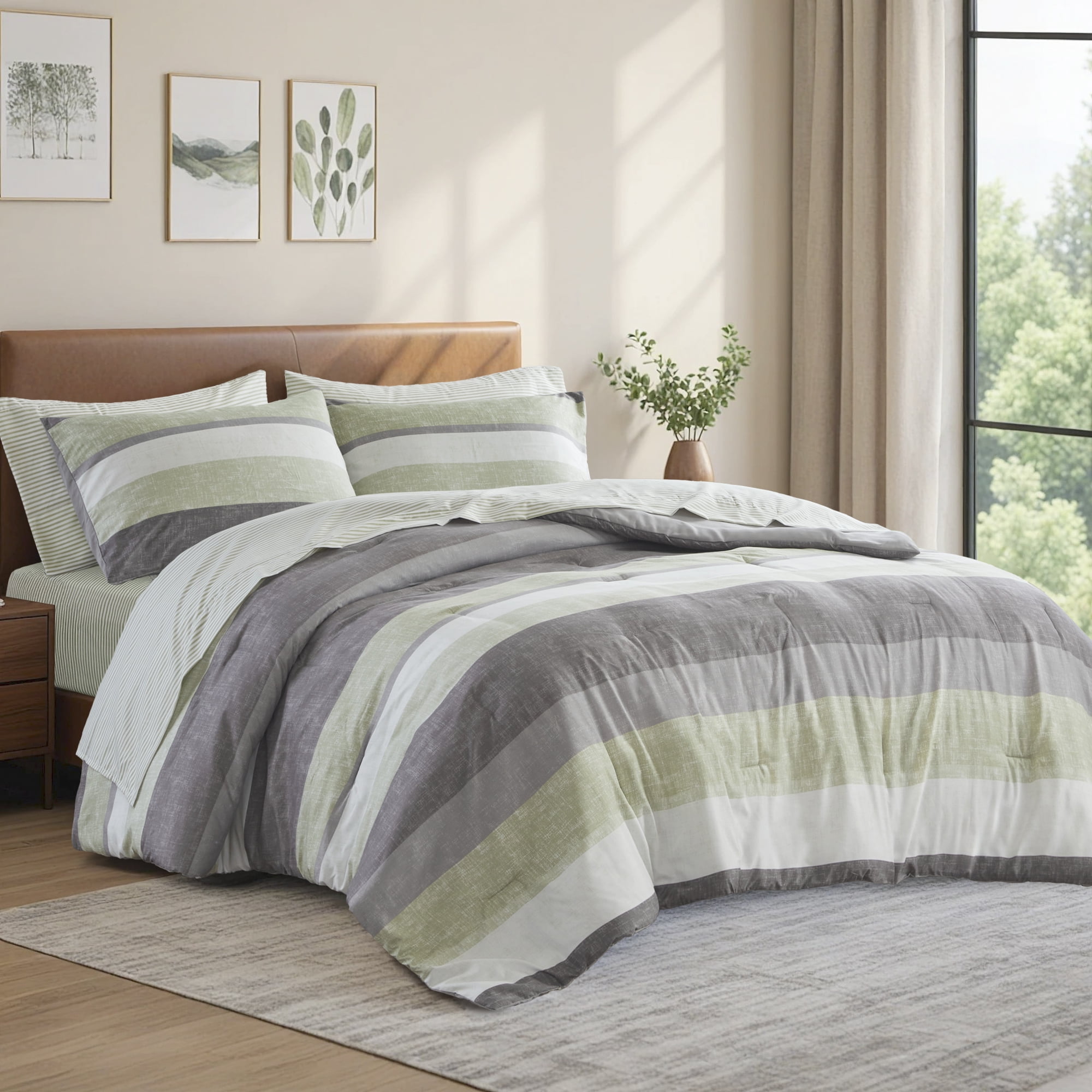 Regency Heights 7 Piece Stripe Comforter Set, Full Size Bed in a Bag Bedding Set for Dorm Room ...