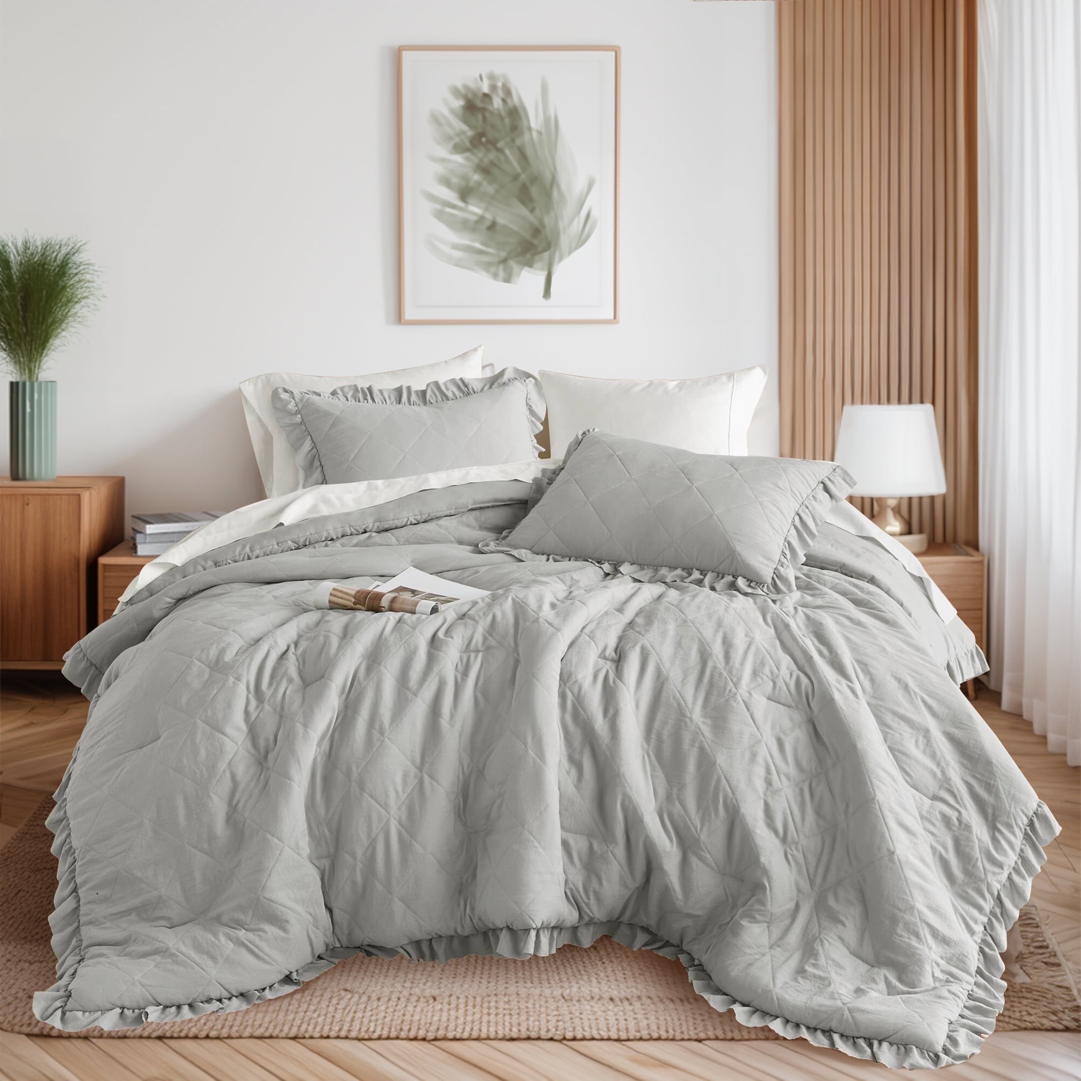 Regency Heights Full/Queen Comforter Set Gray, 3 Pieces Quilted Ruffle ...