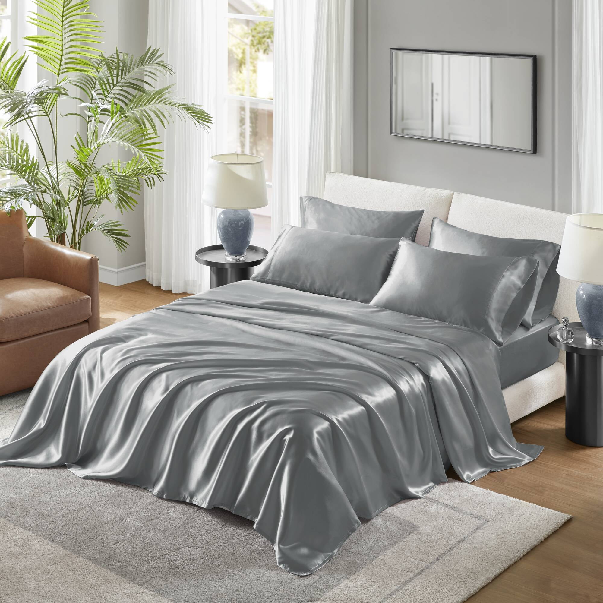 Madison Park Essentials Satin Luxury 6 PC Sheet Set in Grey - Walmart.com