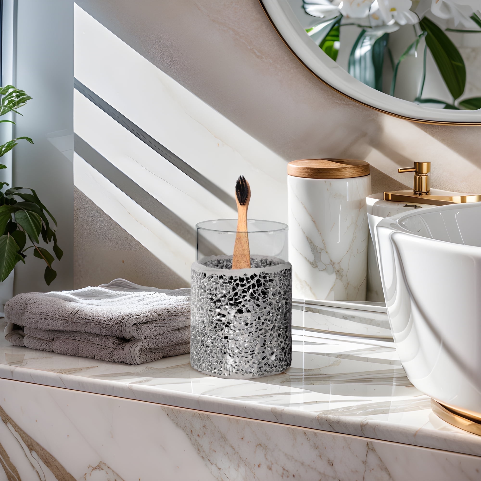 Regency Heights Silver Mirror Mosaic Modern Glass Toothbrush Holder ...