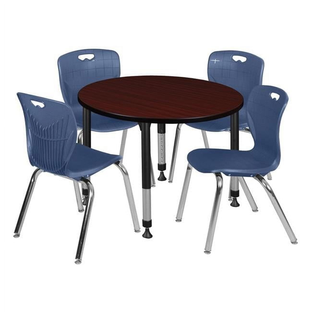 Regency Kee 36 in. Mahogany Round Height Adjustable Classroom Table & 18 in. Navy Blue 4 Andy ...
