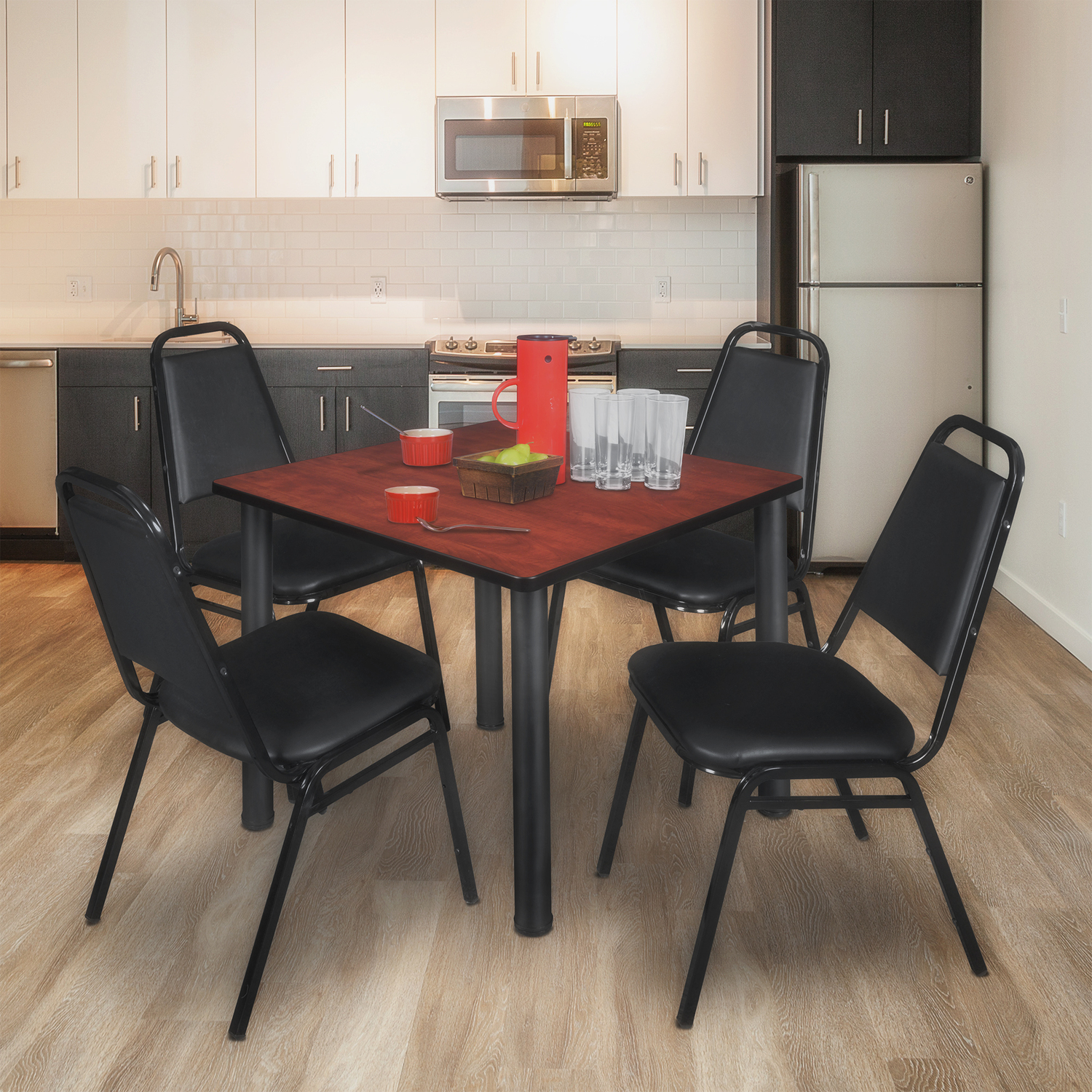 Regency Kee 42" Square Breakroom Table- Cherry/ Black & 4 Restaurant ...
