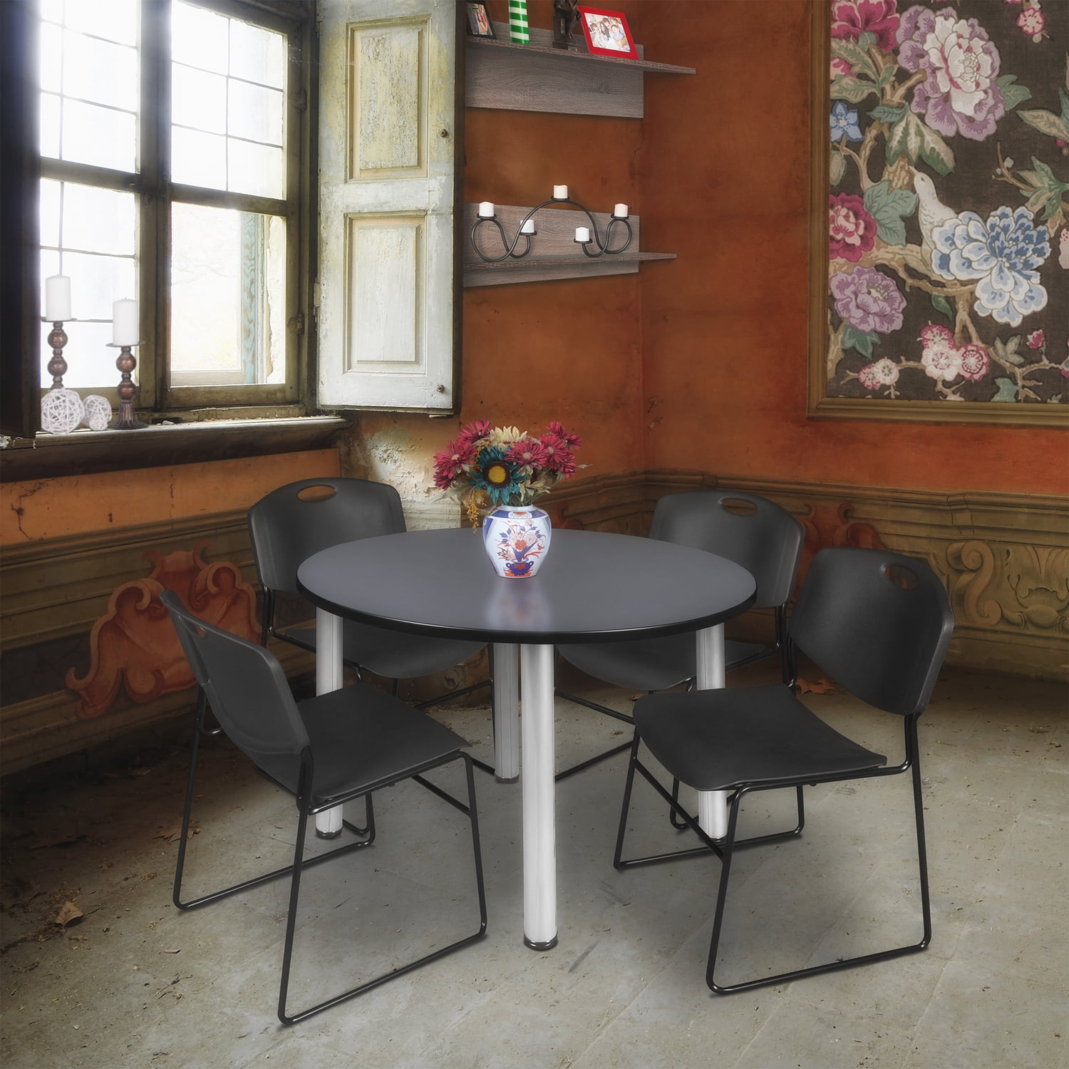 Regency Kee 48" Round Breakroom Table,Grey/ Chro TB48RNDGYBPCM44BK ...