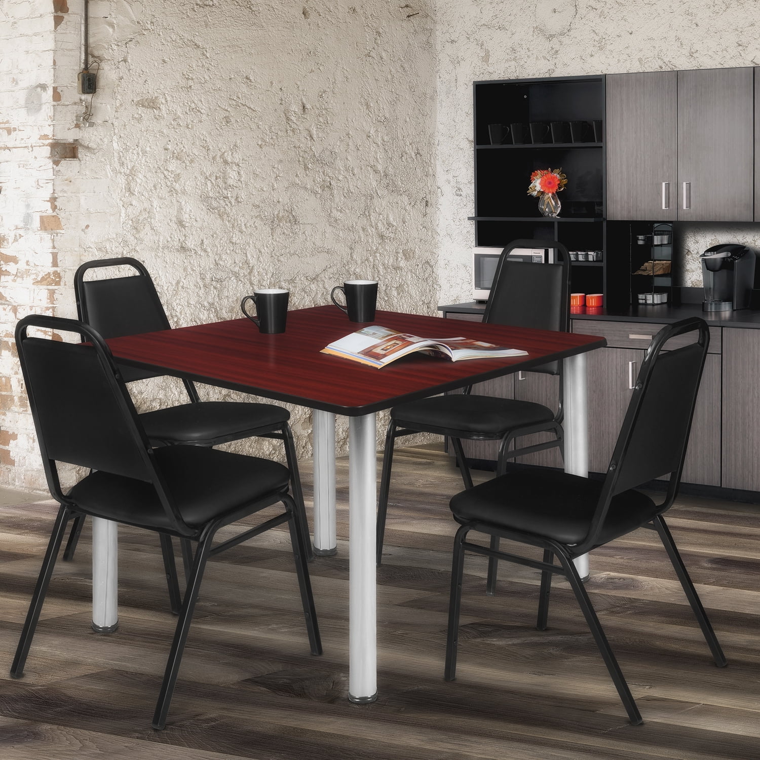 Regency Kee 48" Square Breakroom Table- Mahogany/ Chrome & 4 Restaurant ...