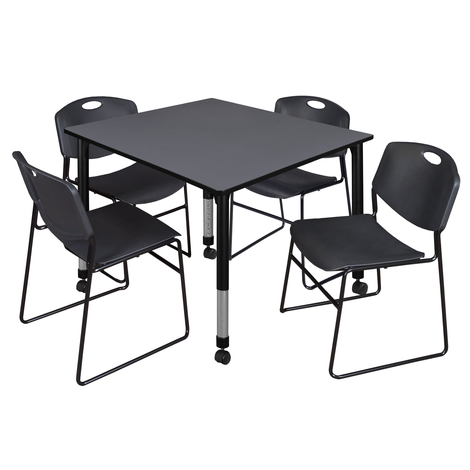 Regency Kee 48" Square Height Adjustable Mobile Classroom Table - Grey & 4 Zeng Stack Chairs ...