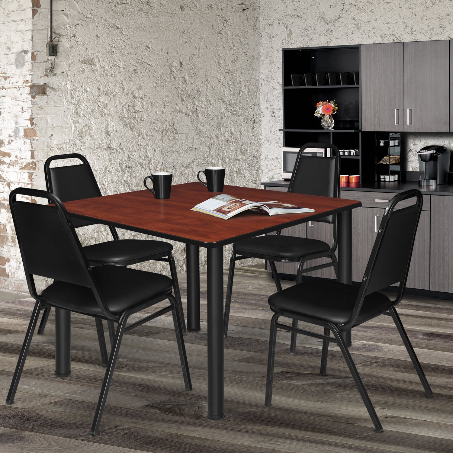 Regency Kee 48 in. Large Square Breakroom Table- Cherry Top, Black Legs ...