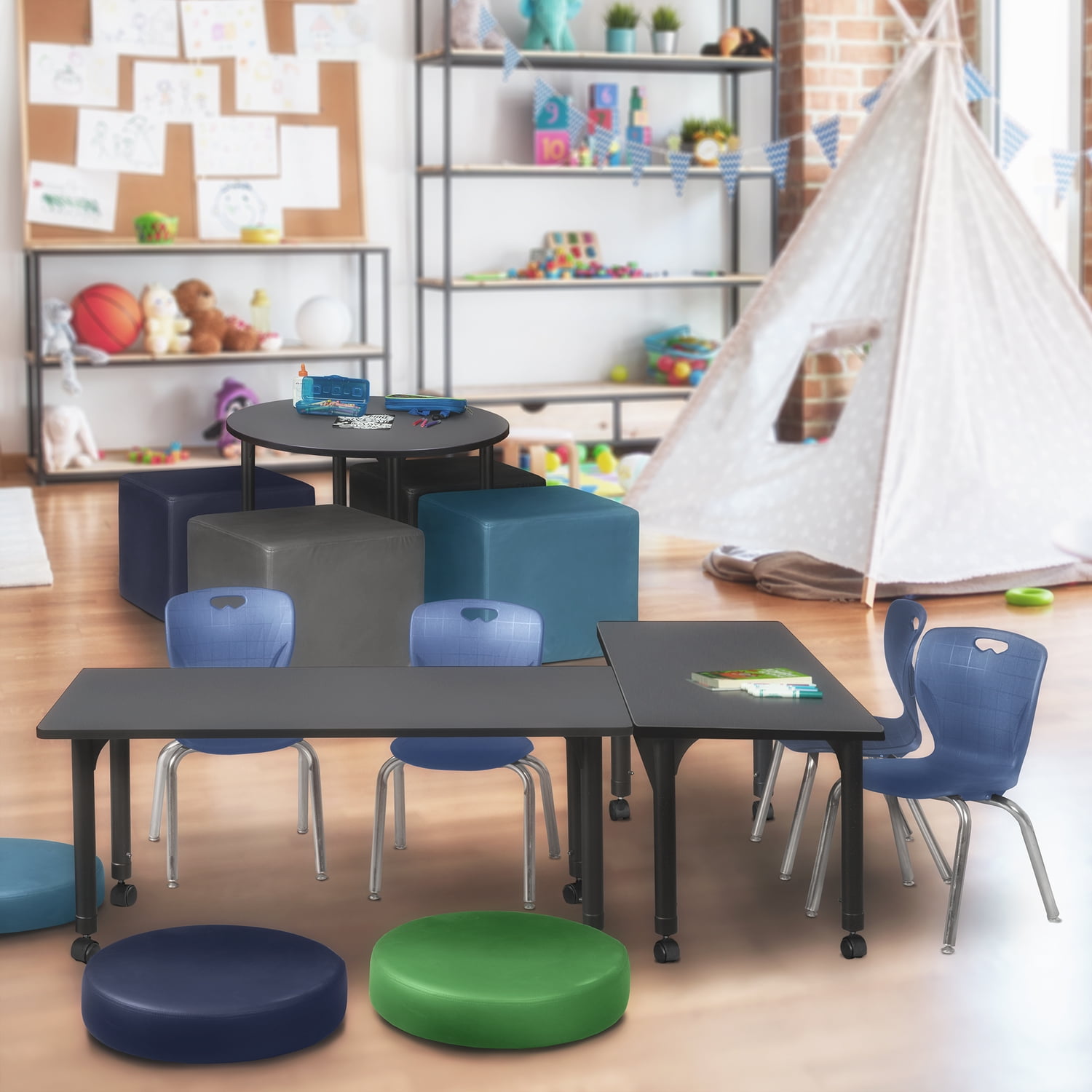 Regency Kee 60 x 24 in. Mobile Adjustable Classroom Table- Grey & 2 ...