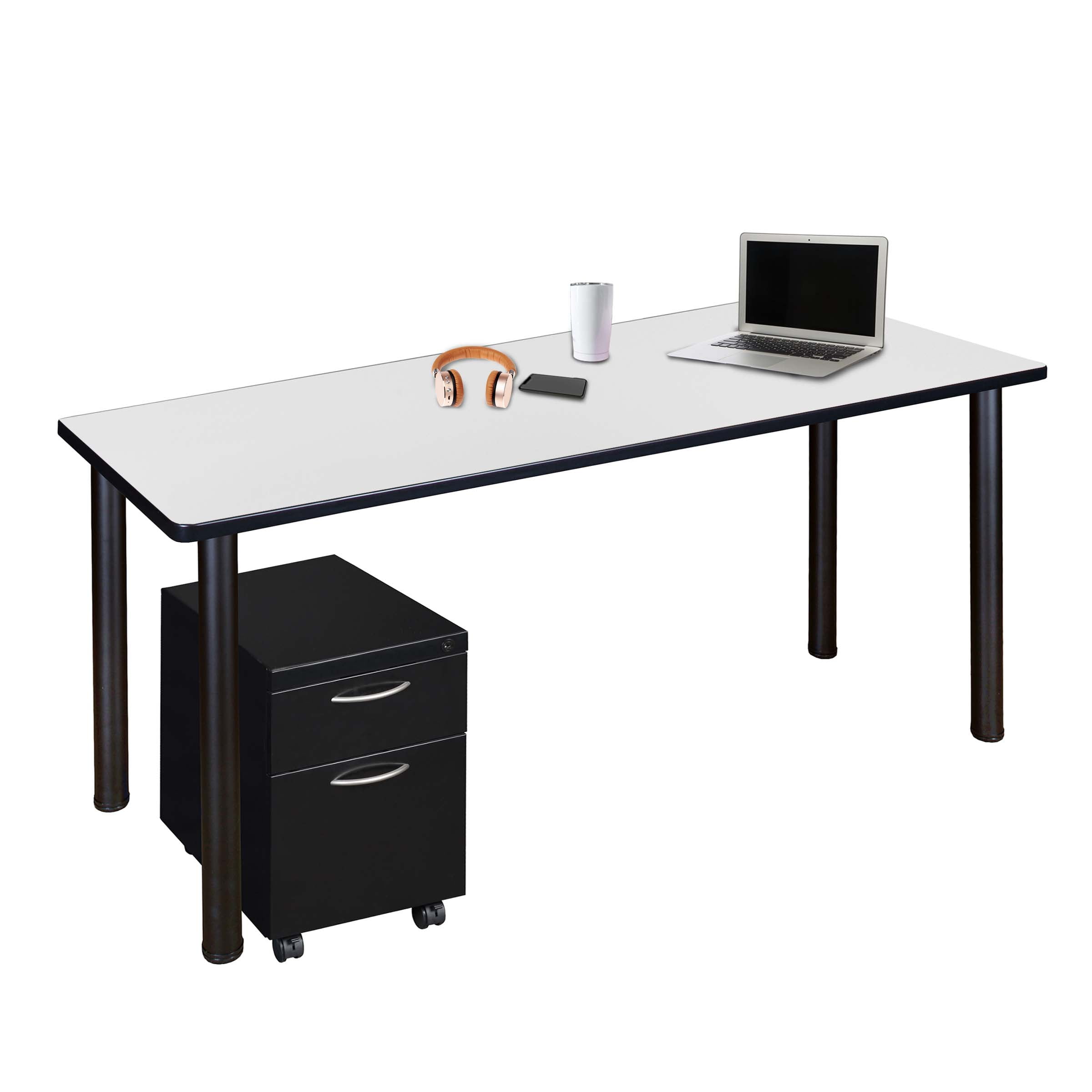 Regency Kee 66 x 24 in. Mobile Desk with Storage- White Top, Black Legs ...