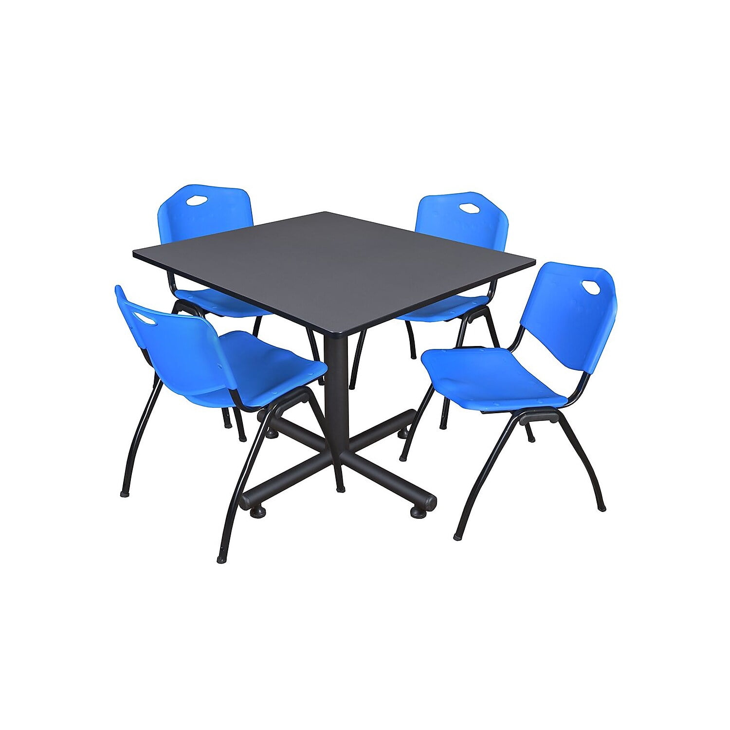 Kobe 48in. Square Breakroom Table- Grey & 4 'M' Stack Chairs- Blue ...