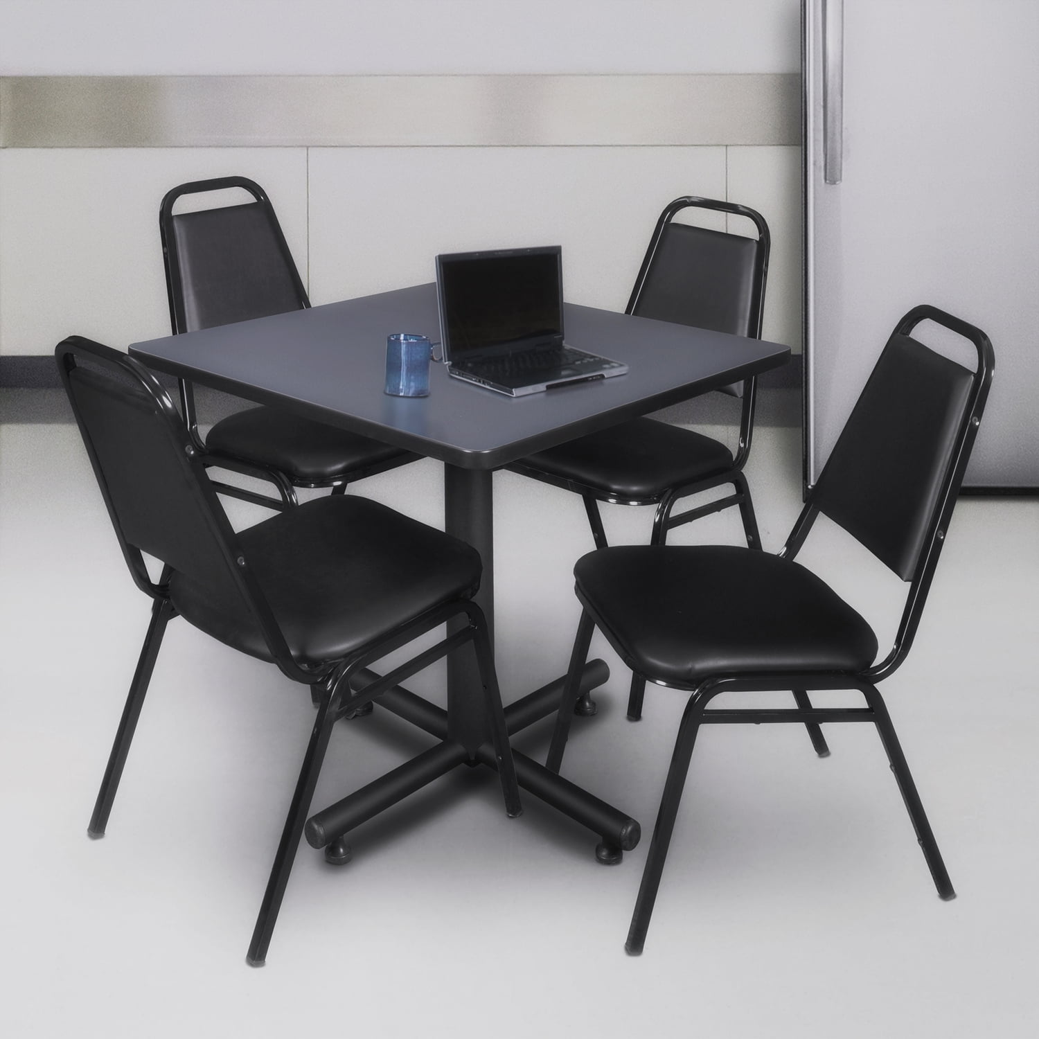 Kobe 30" Square Breakroom Table- Grey & 4 Restaurant Stack Chairs ...