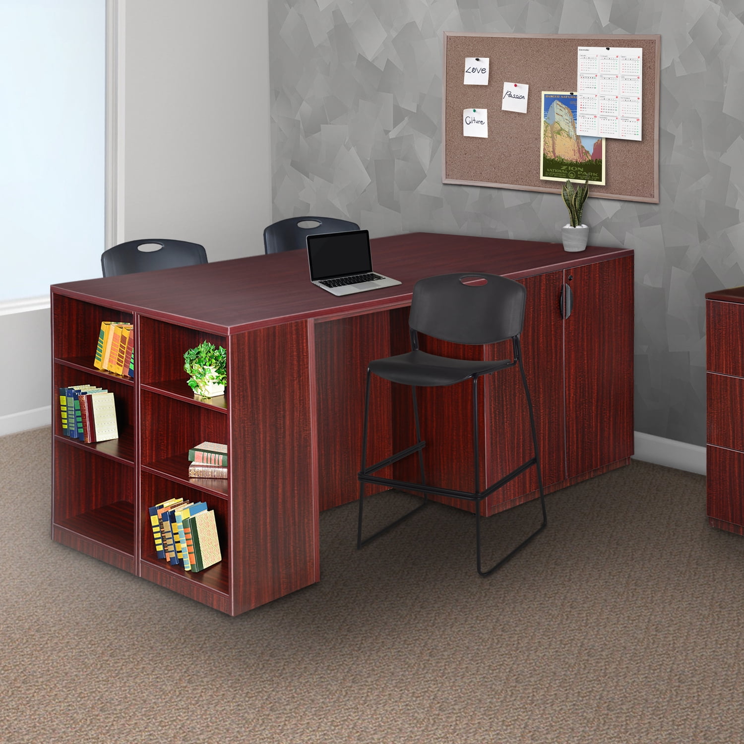 Regency Legacy Stand Up Storage Cabinet/ 3 Desk Quad with Bookcase End ...