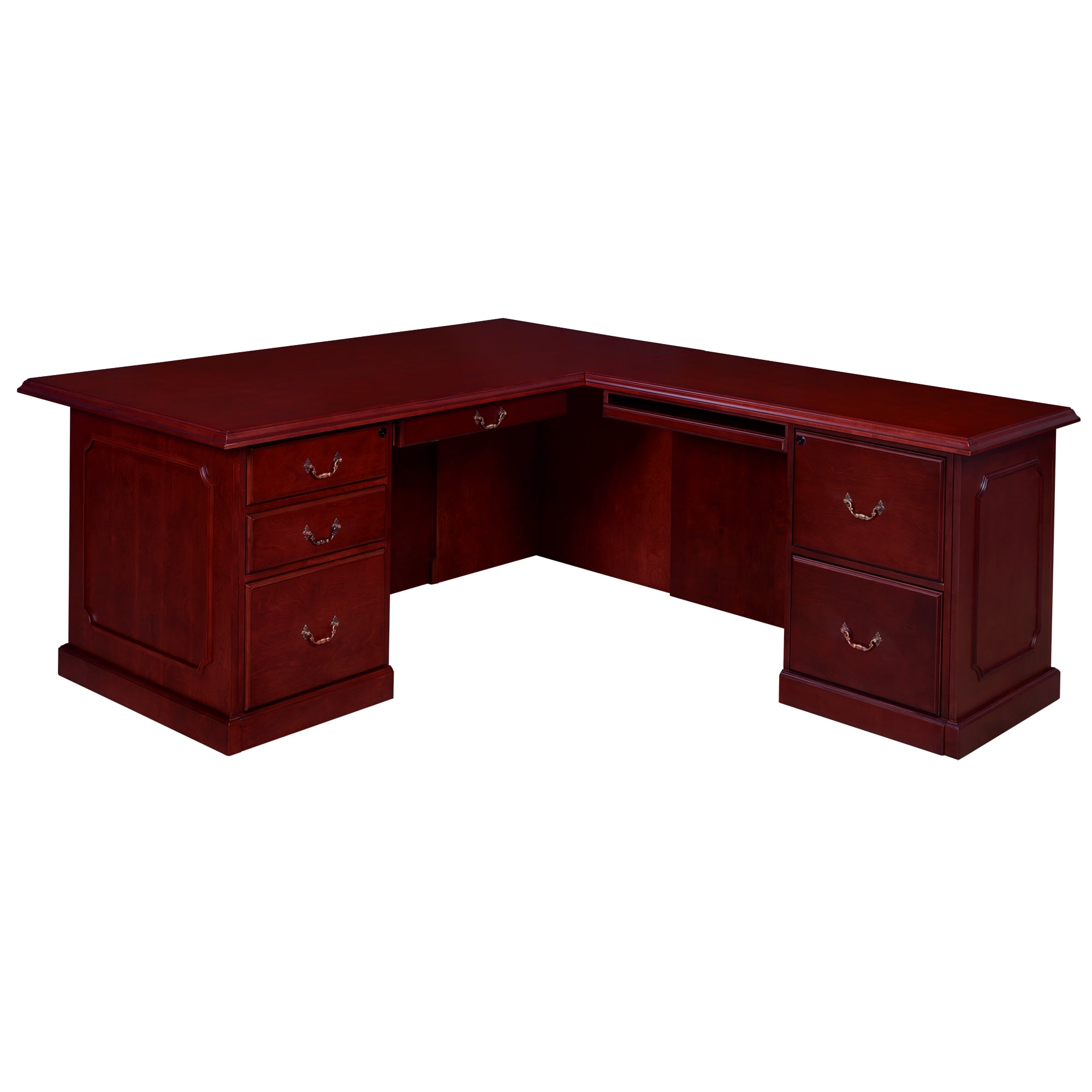 Save 33% • Executive Mahogany Brown Wood L-Shaped Desk with Brass Handles