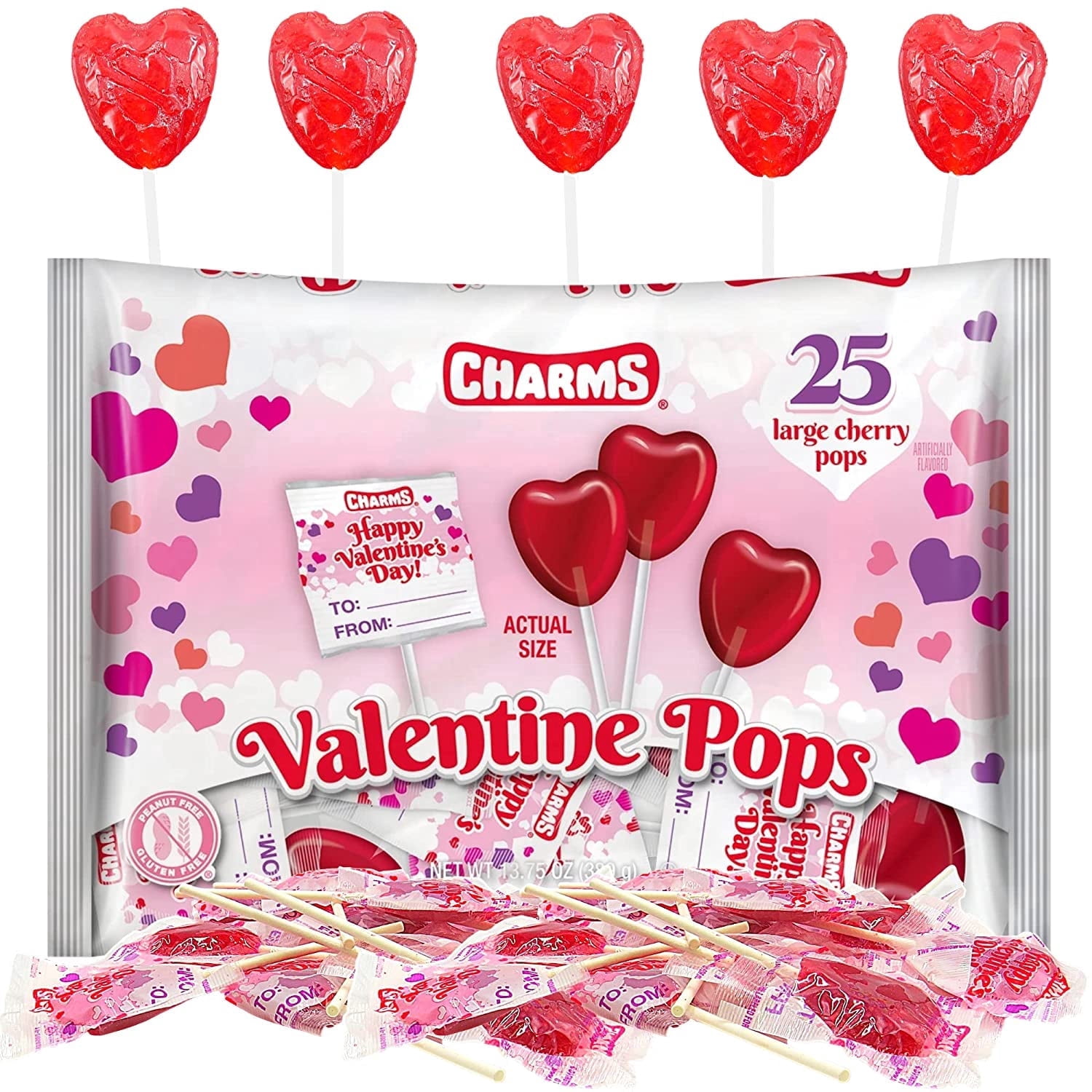Charms Valentine Heart-Shaped Lollipops, Individually Wrapped ...