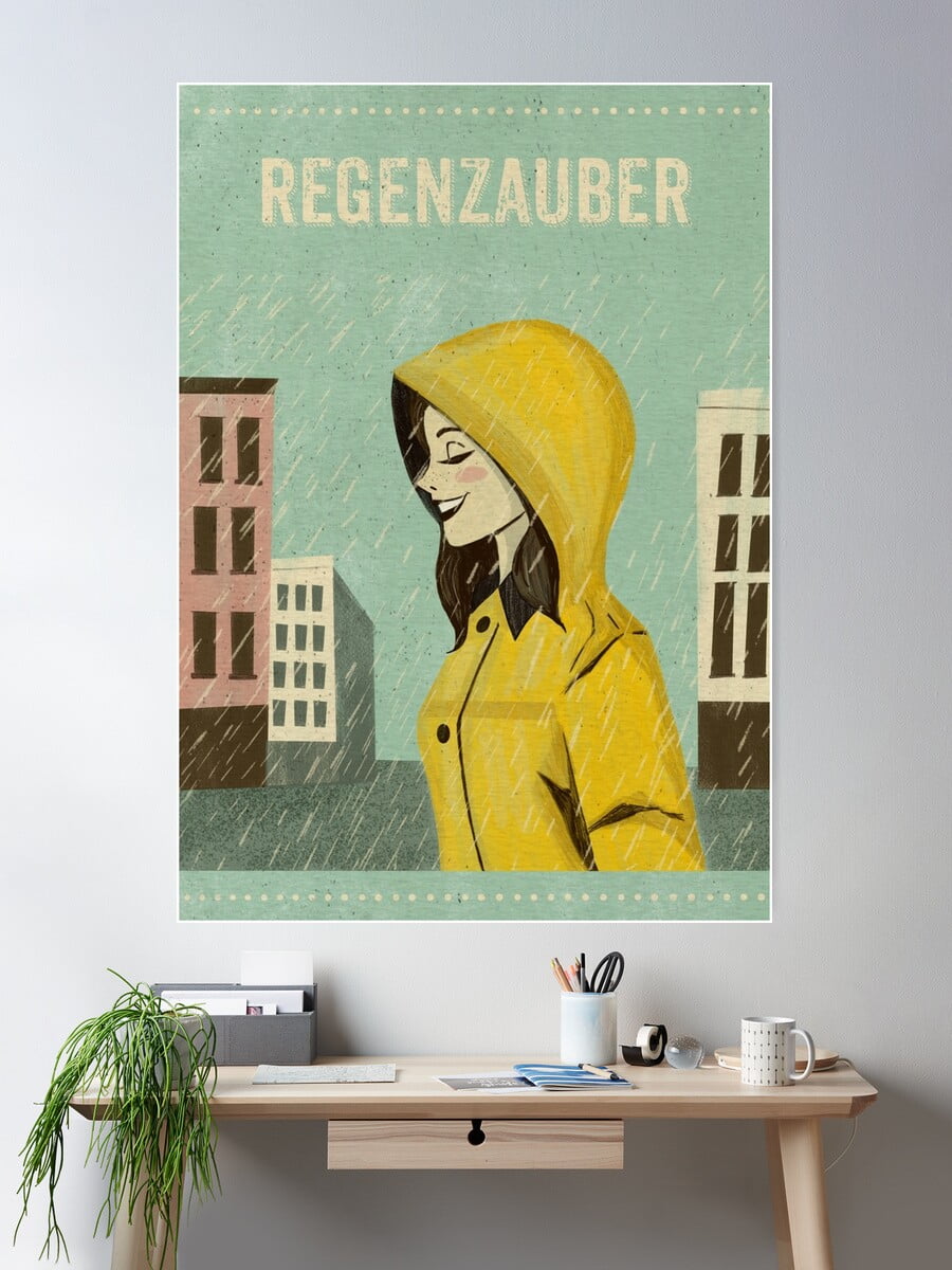 Regenzauber Â€“ Vintage Rainy Day Illustration With Yellow Raincoat ...