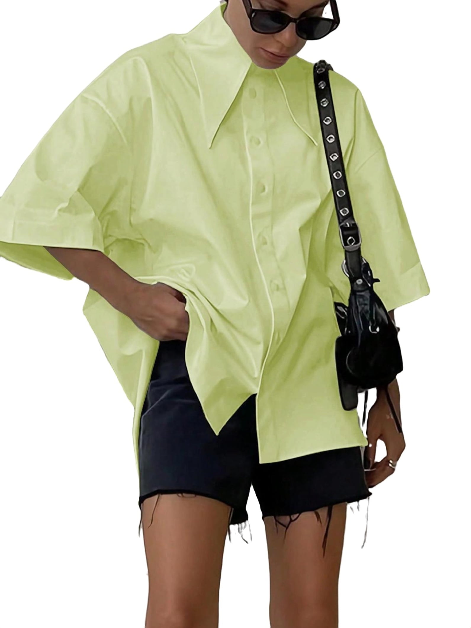 Regular Plain Women Blouses Elbow-Length Non-Stretch Fluorescent Green ...