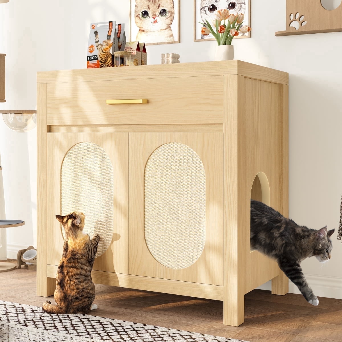 Regular Ventilated Wooden Cat Litter Box Enclosure with Scratching ...