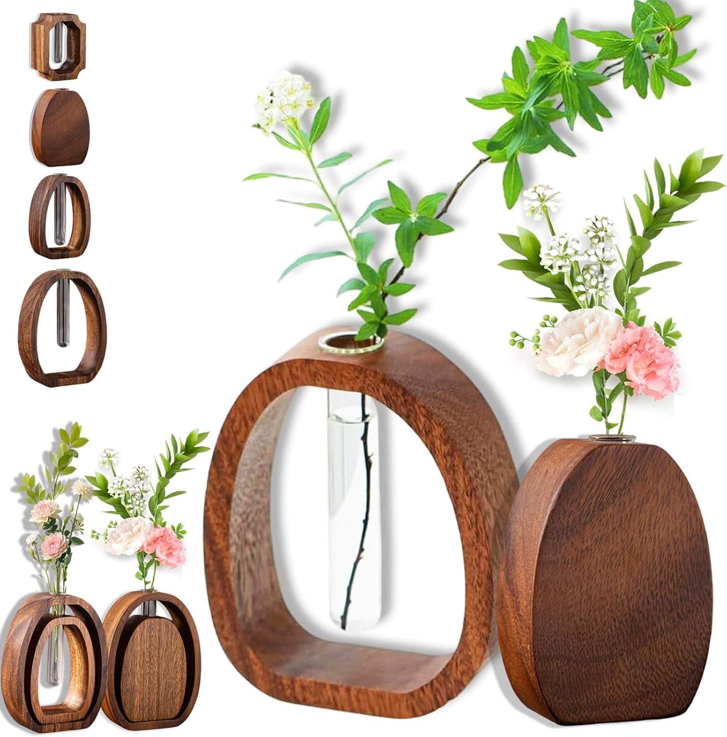 Regulatem Solid Wood Glass Vase, Walnut Wood and Glass Flower Vase ...