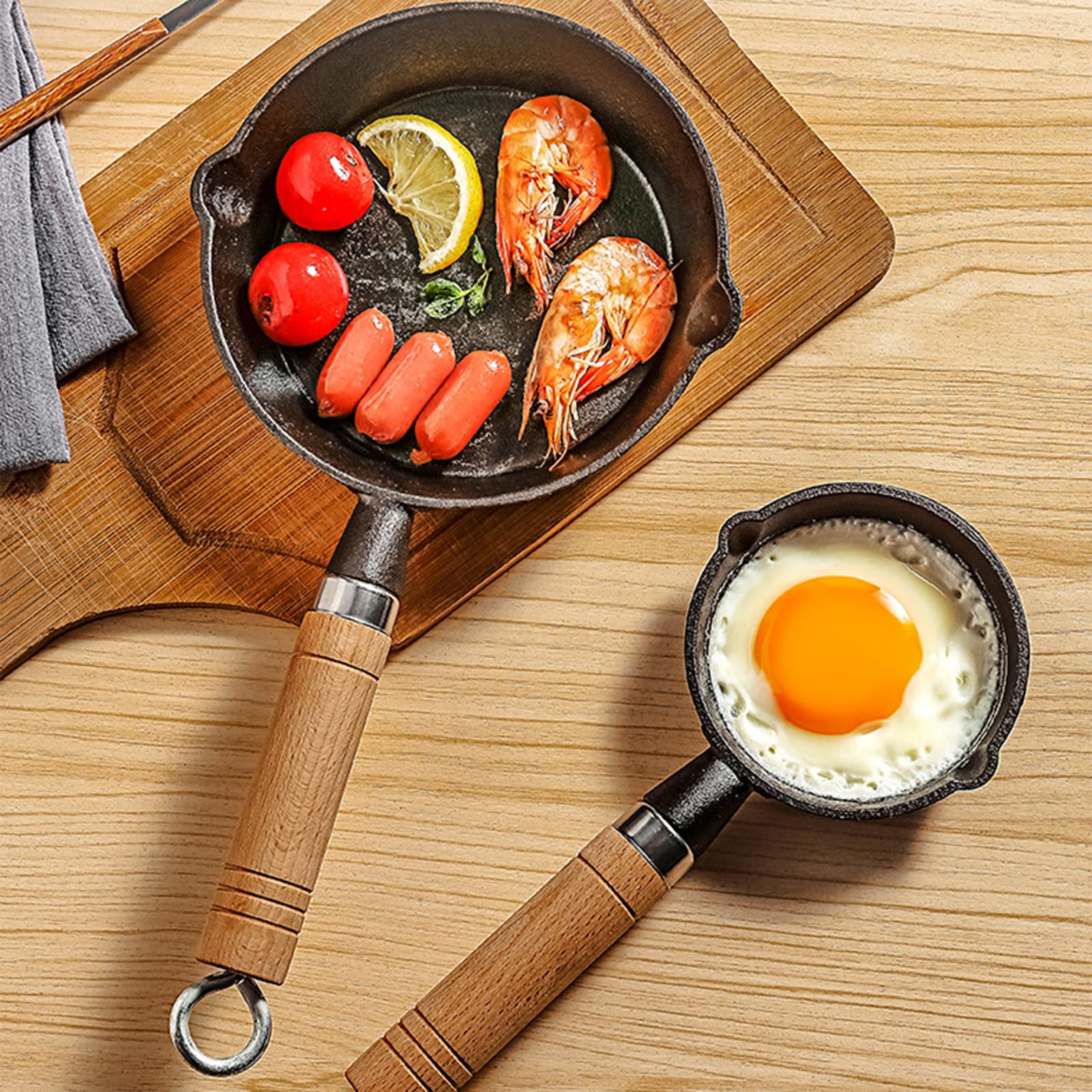 Reheyre Breakfast Pot with Wooden Handle Double Ear Iron Egg Steak Flat ...