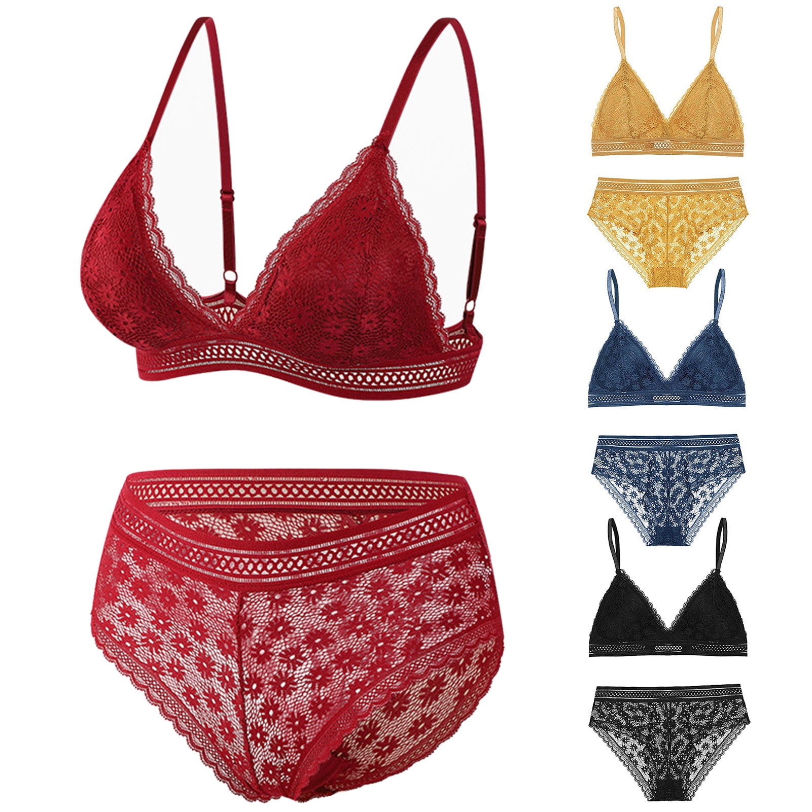 Reheyre Floral Lace Triangle Cup Push Up Bra and Brief Set for Women's ...
