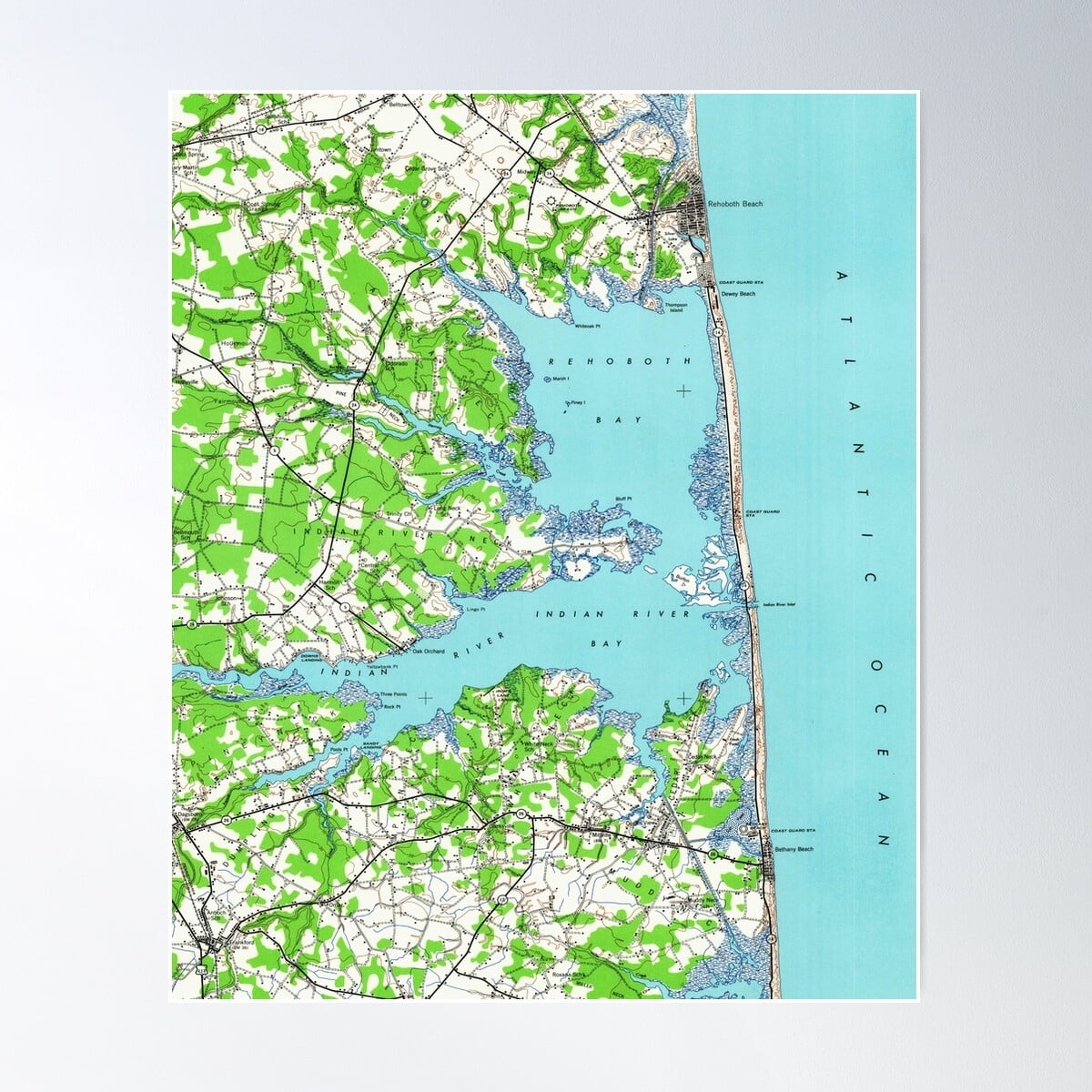 Rehoboth Beach & Bethany Beach Delaware Map (1938) Poster Wall Art ...