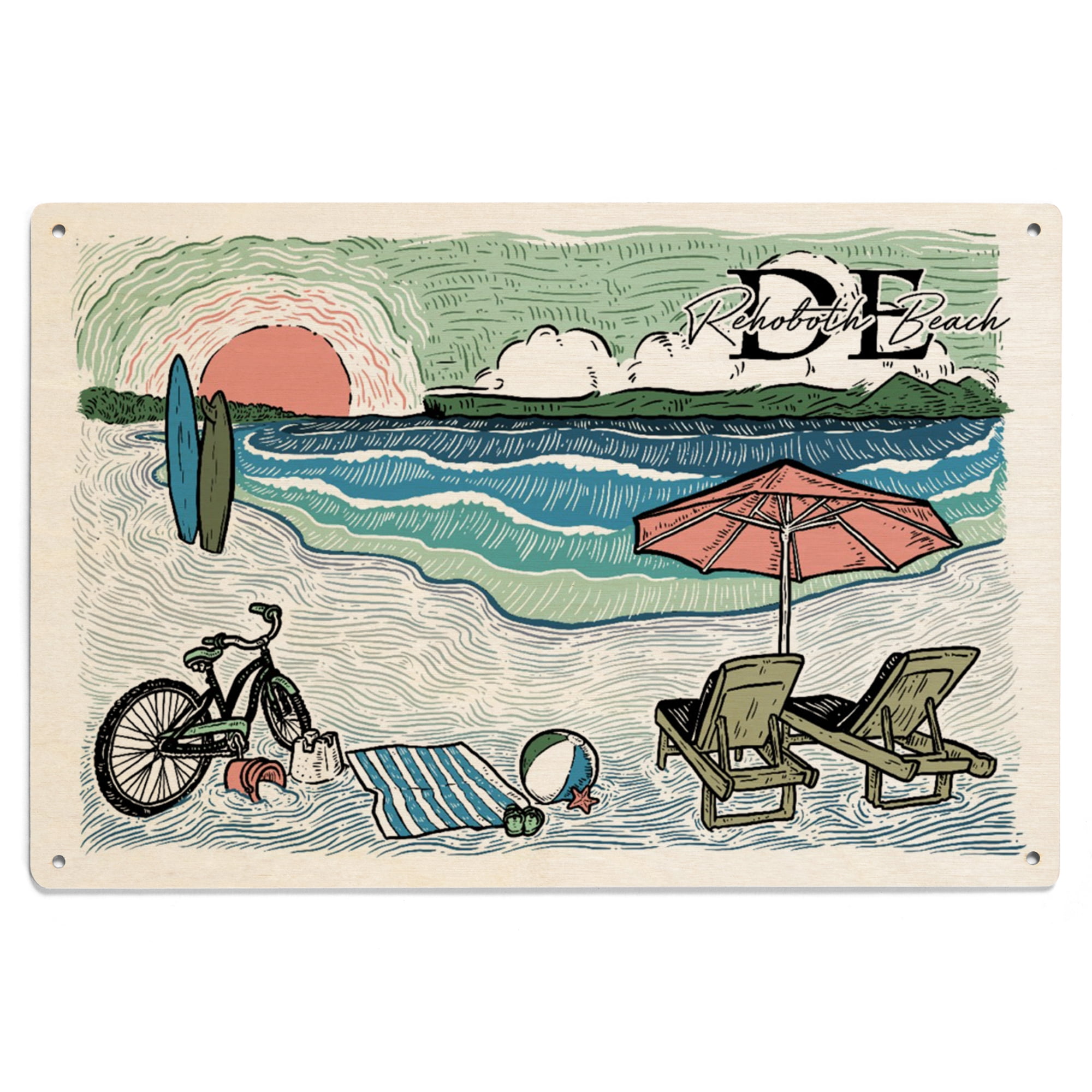 Rehoboth Beach, Delaware, Beach Scene, Sketch Birch Wood Wall Sign (6x9 ...