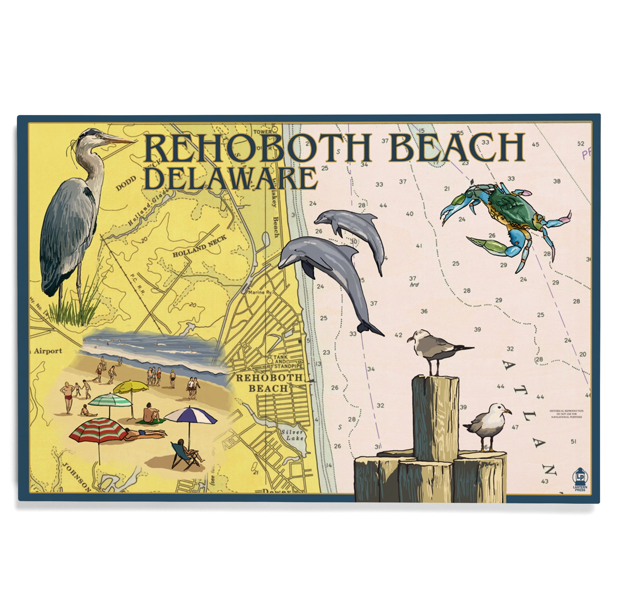 Rehoboth Beach, Delaware, Nautical Chart Birch Wood Wall Sign (12x18 ...