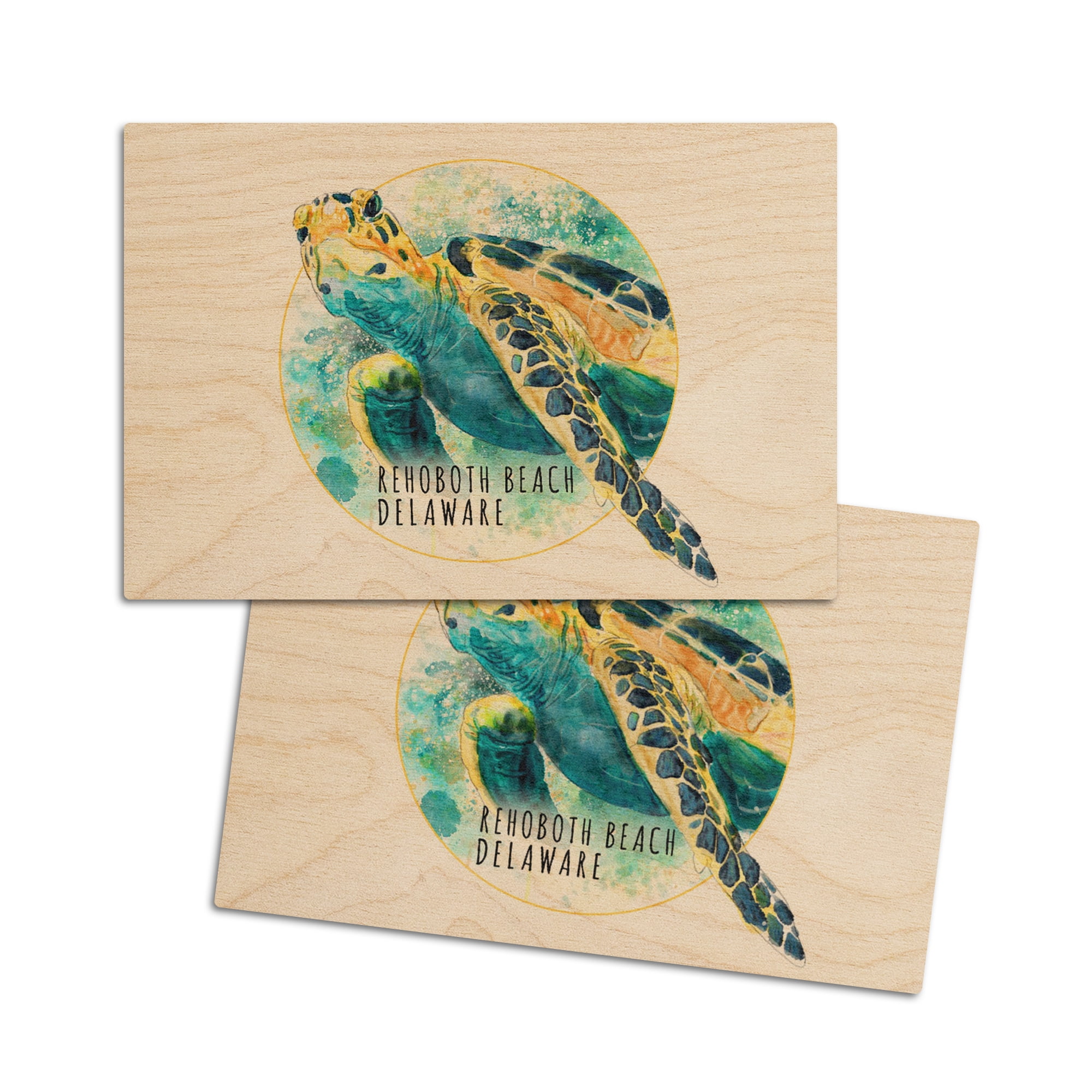 Rehoboth, Delaware, Sea Turtle, Watercolor, Contour (4x6 Birch Wood ...